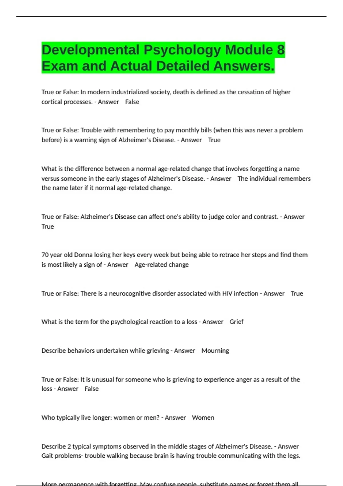 Developmental Psychology Module 8 Exam and Actual Detailed Answers ...