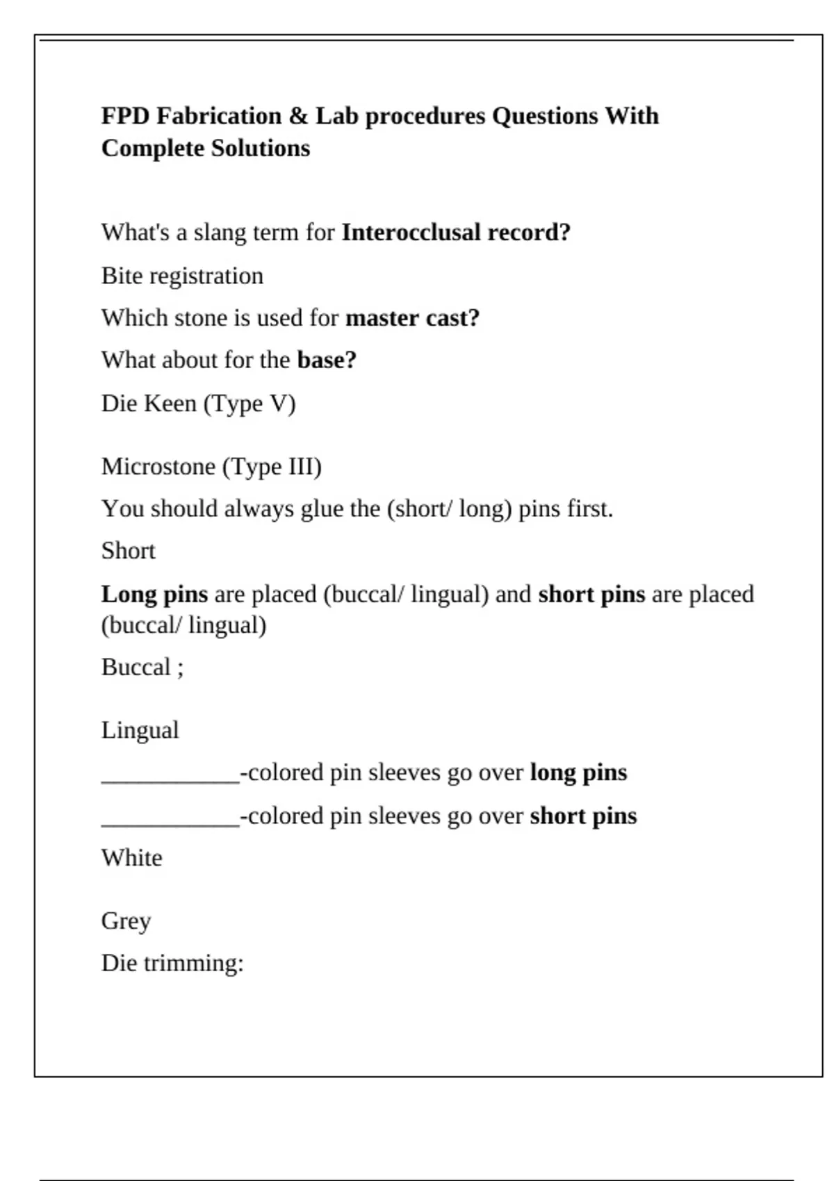 FPD Fabrication & Lab procedures Questions With Complete Solutions ...