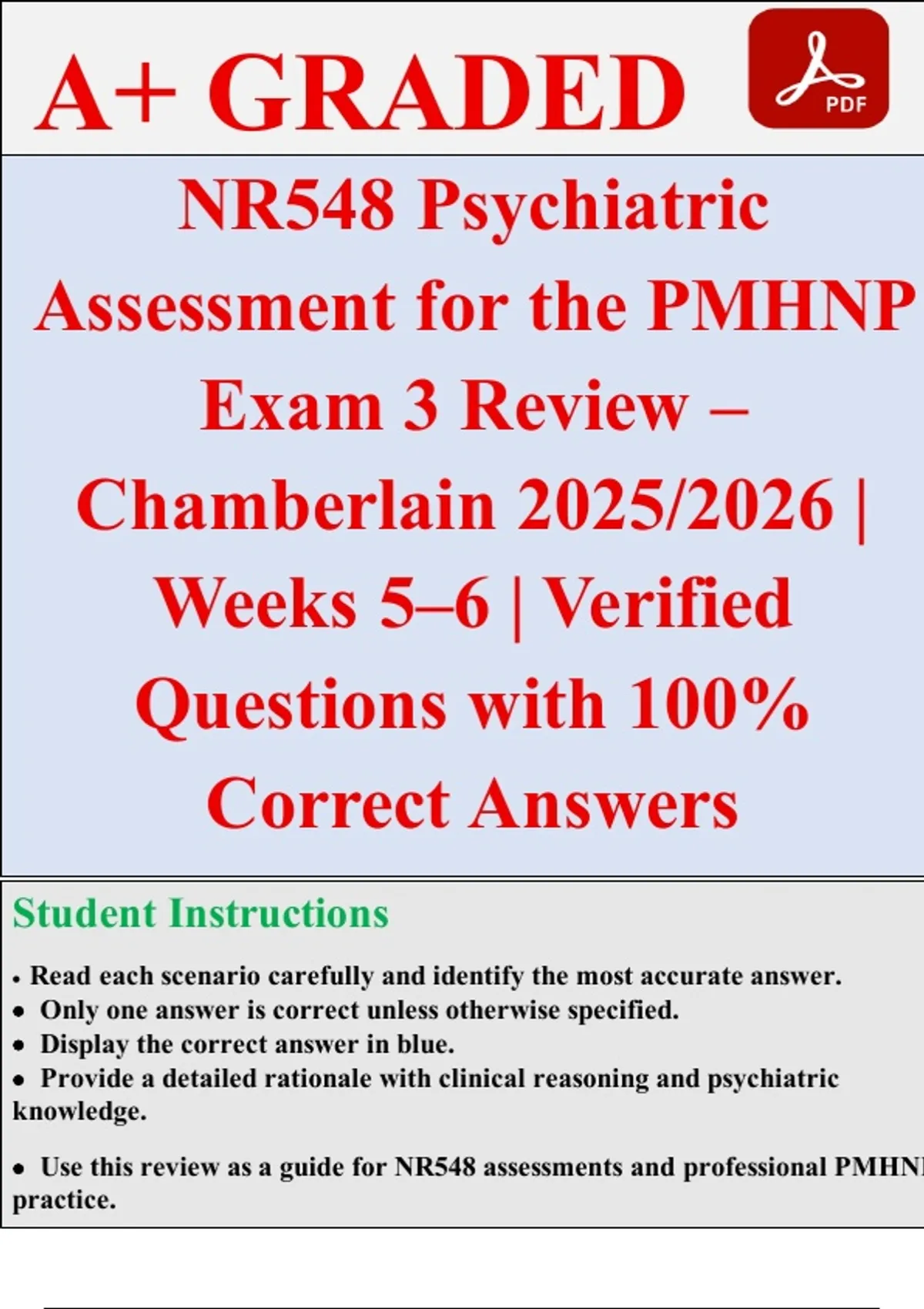 NR548 Psychiatric Assessment for the PMHNP Exam 3 Review – Chamberlain ...