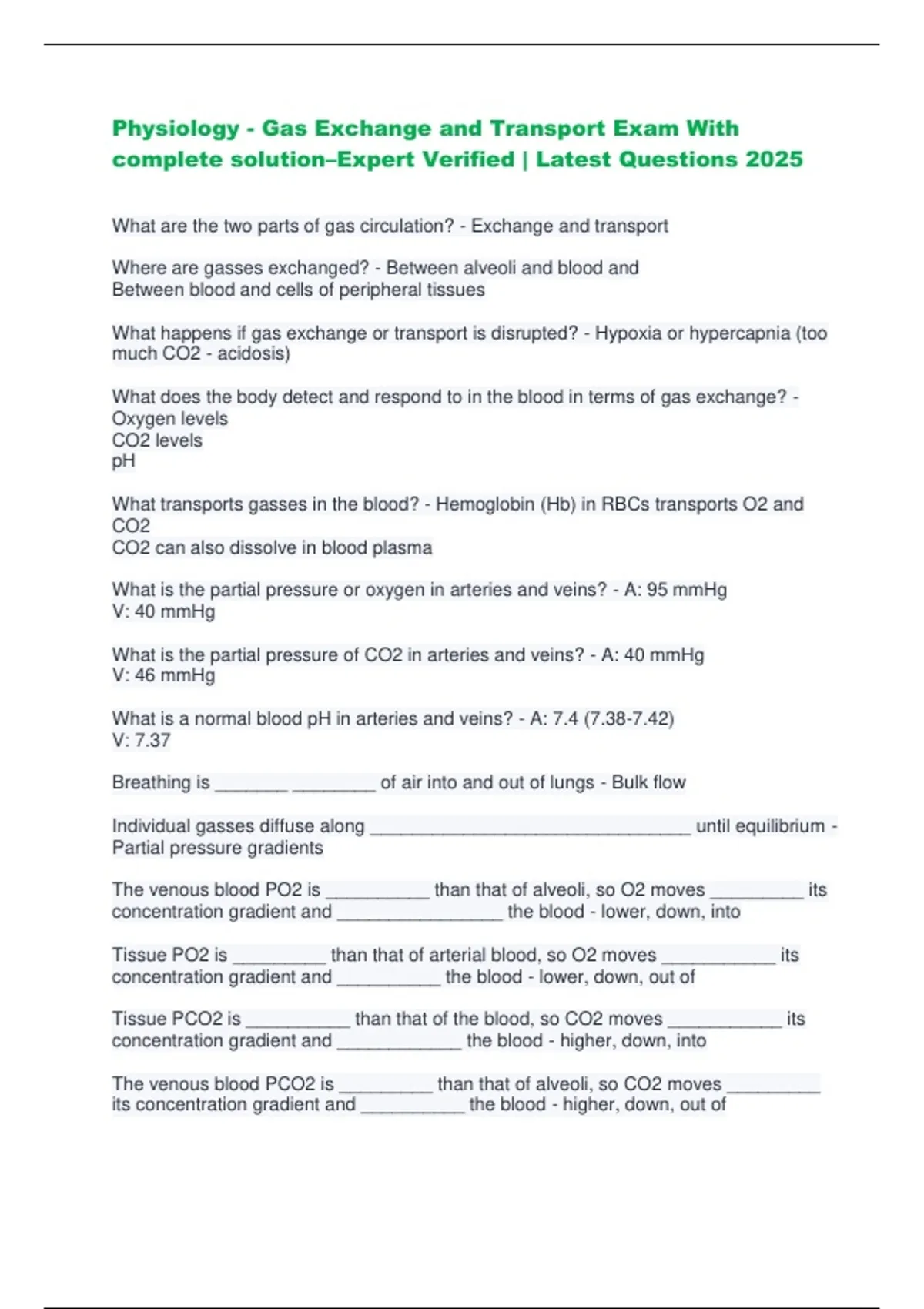 Physiology - Gas Exchange and Transport Exam With complete solution ...