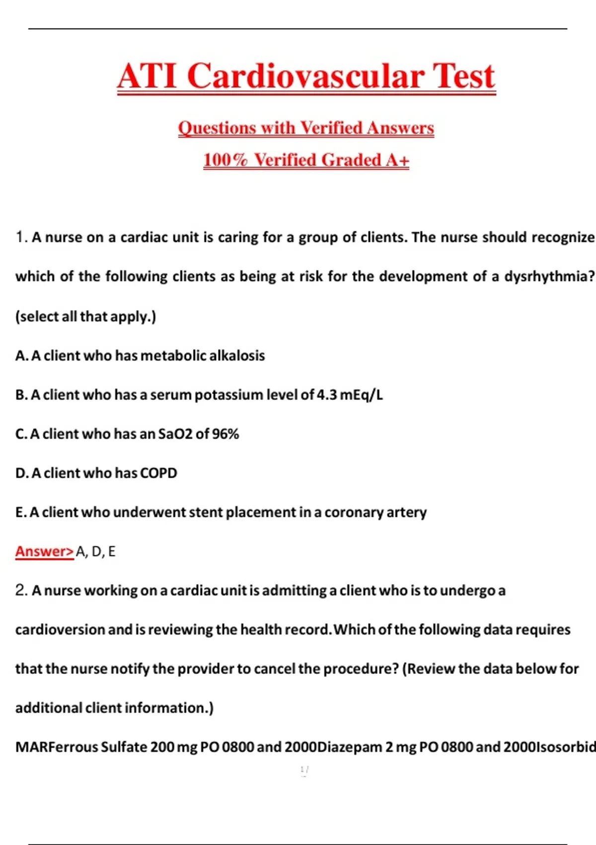 ATI Cardiac Test (Latest 2026/2027 Update) Complete Questions and Guide ...