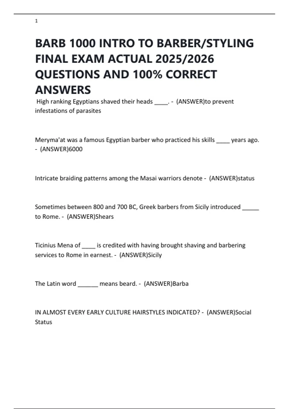 BARB 1000 INTRO TO BARBER/STYLING FINAL EXAM ACTUAL 2025/2026 QUESTIONS ...