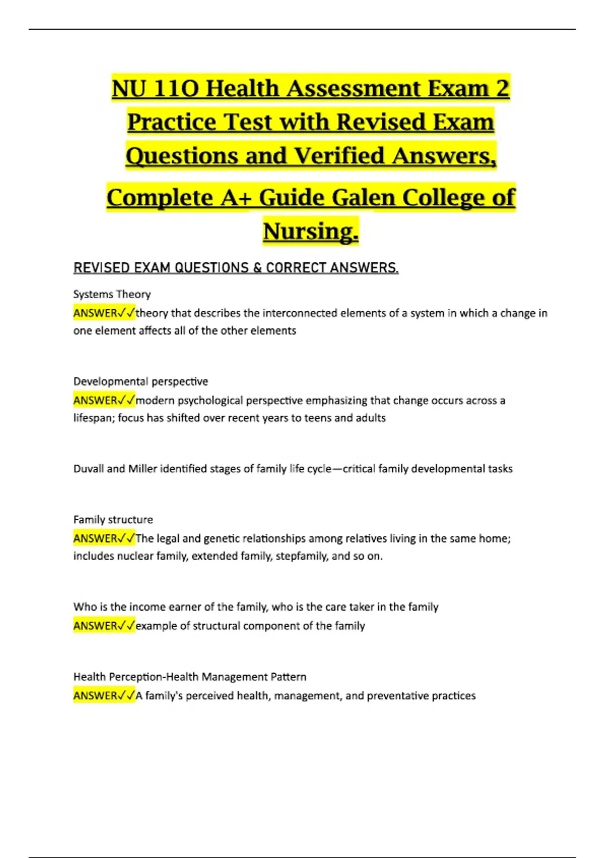 NU 11O Health Assessment Exam 2 Practice Test with Revised Exam ...