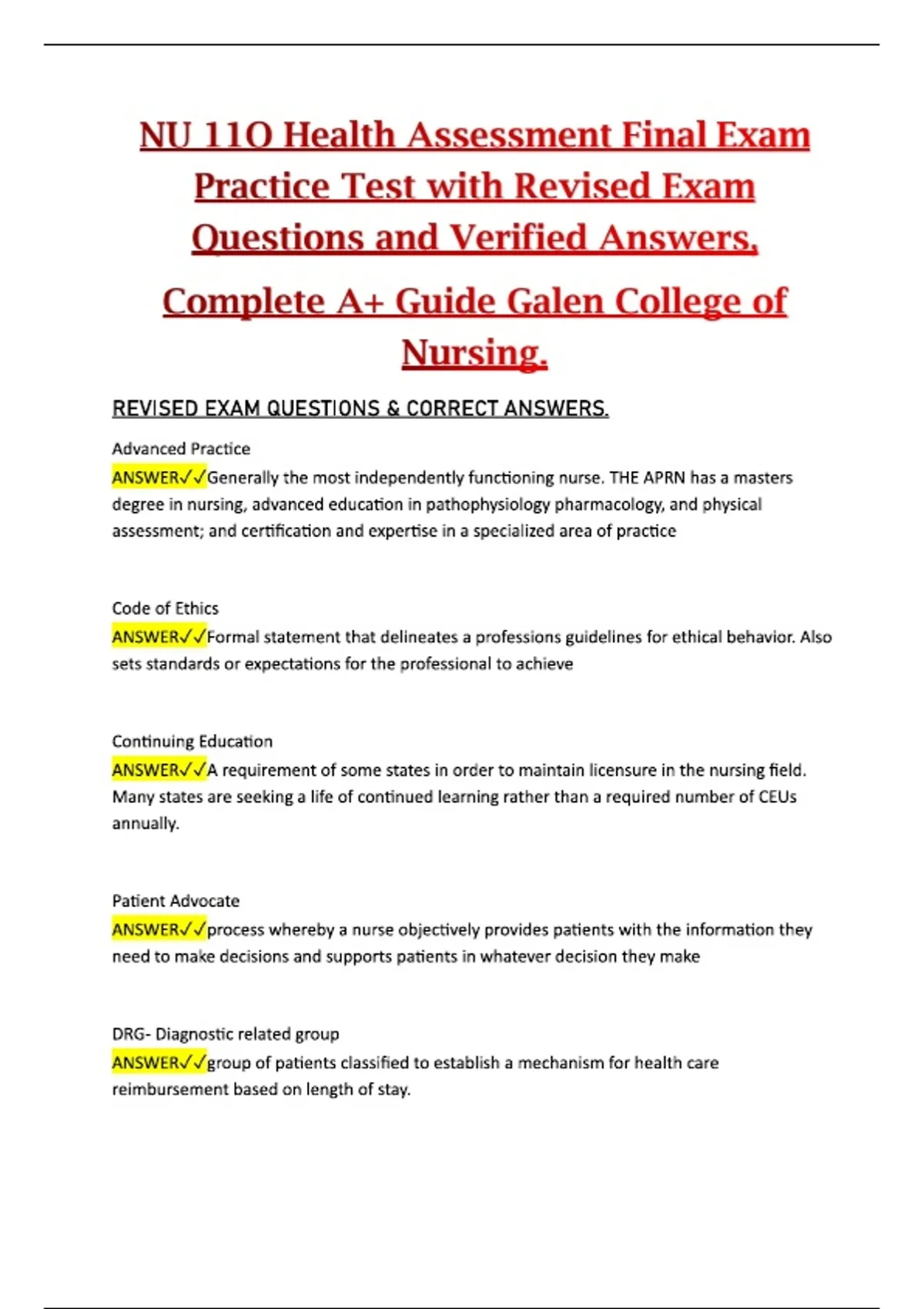 NU 11O Health Assessment Final Exam Practice Test with Revised Exam ...