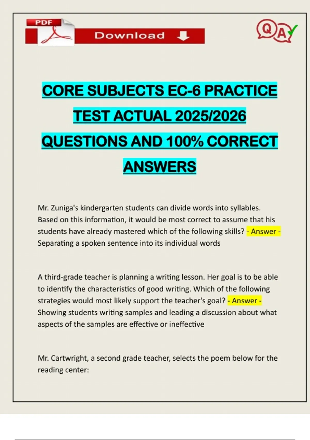 PACKAGE DEAL::: CORE SUBJECTS EC-6 EXAMS ACTUAL 2025/2026 Q&A 100% PASS ...