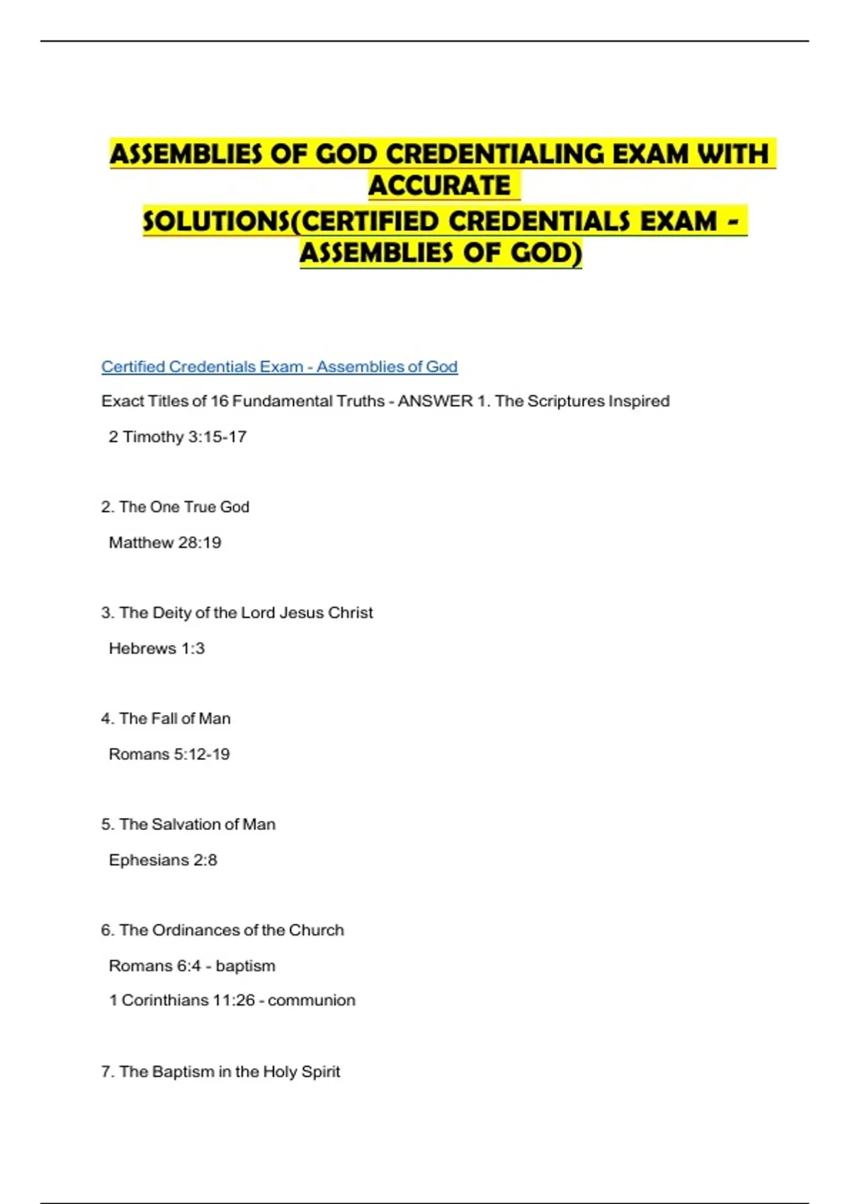 ASSEMBLIES OF GOD CREDENTIALING EXAM WITH ACCURATE SOLUTIONS(CERTIFIED ...