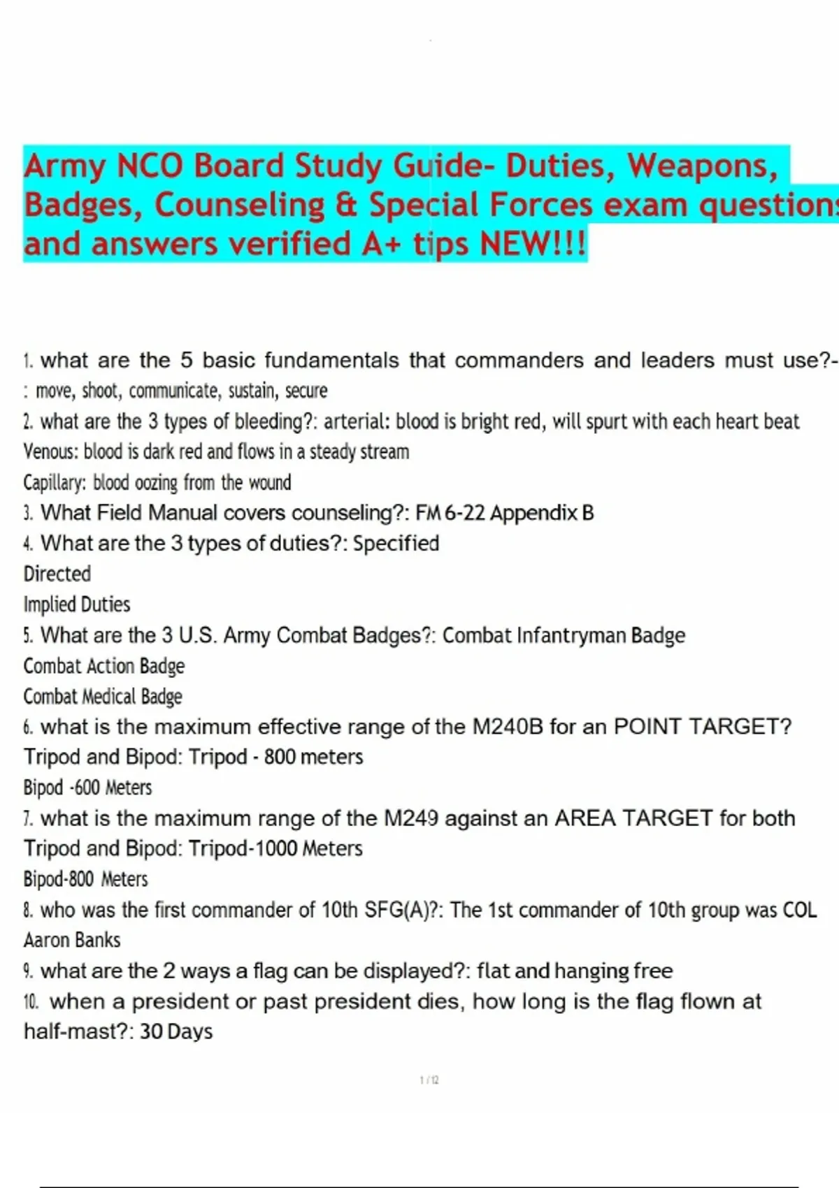 Army NCO Board Study Guide- Duties, Weapons, Badges, Counseling ...
