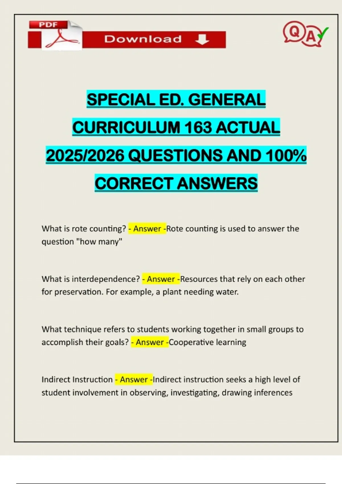 SPECIAL ED. GENERAL CURRICULUM 163 ACTUAL 2025/2026 QUESTIONS AND 100% ...