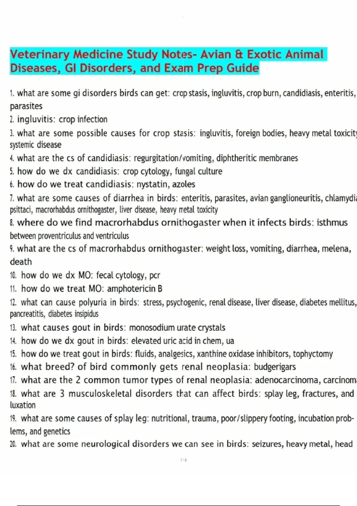 Veterinary Medicine Study Notes Avian & Exotic Animal Diseases, GI ...