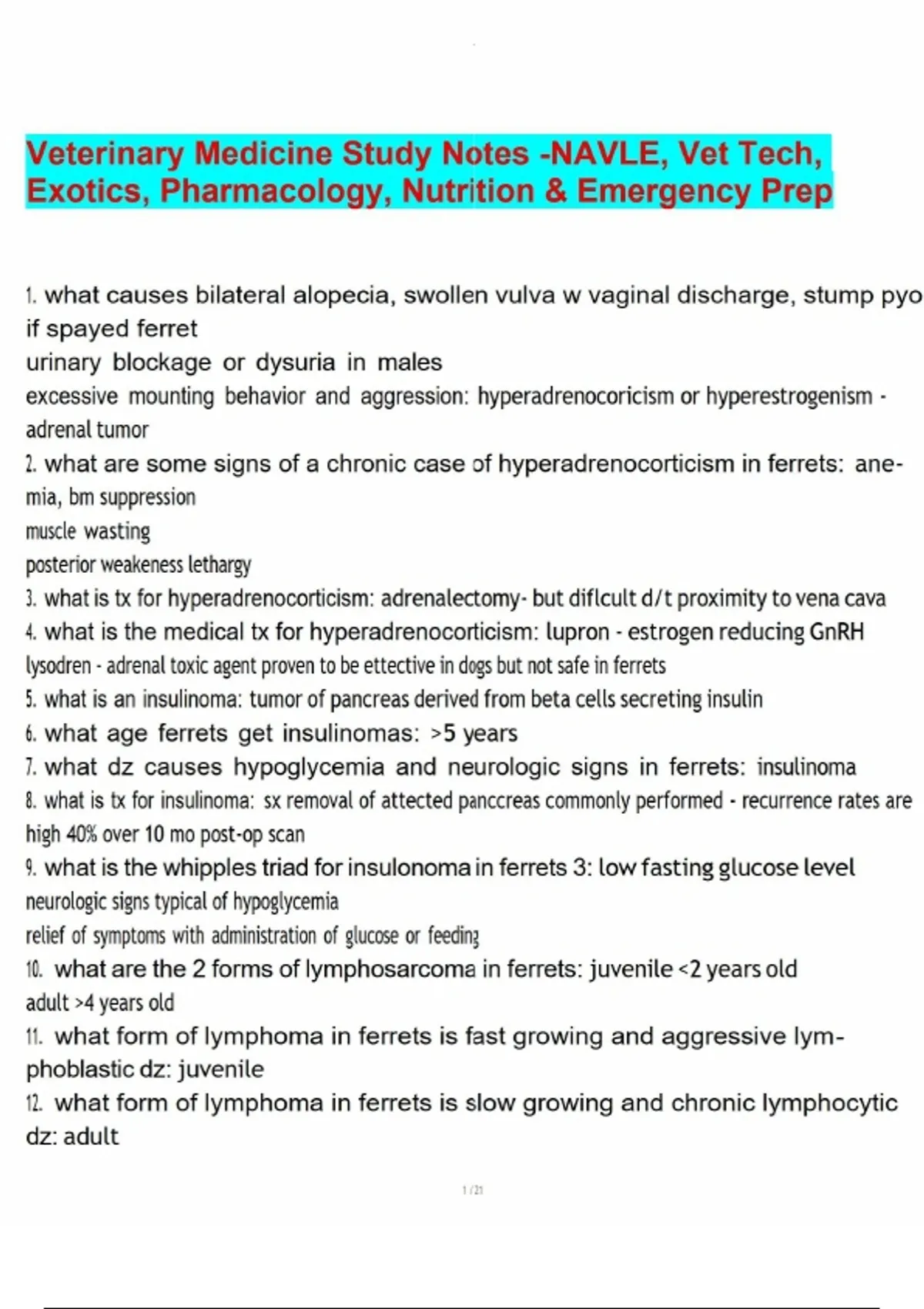 Veterinary Medicine Study Notes -NAVLE, Vet Tech, Exotics, Pharmacology ...