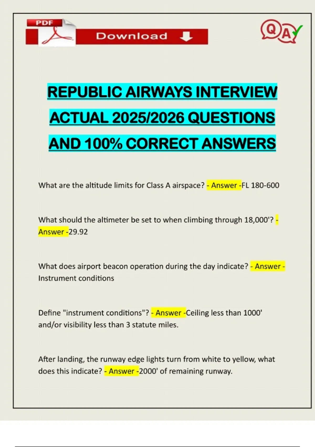 REPUBLIC AIRWAYS INTERVIEW ACTUAL 2025/2026 QUESTIONS AND 100% CORRECT ...