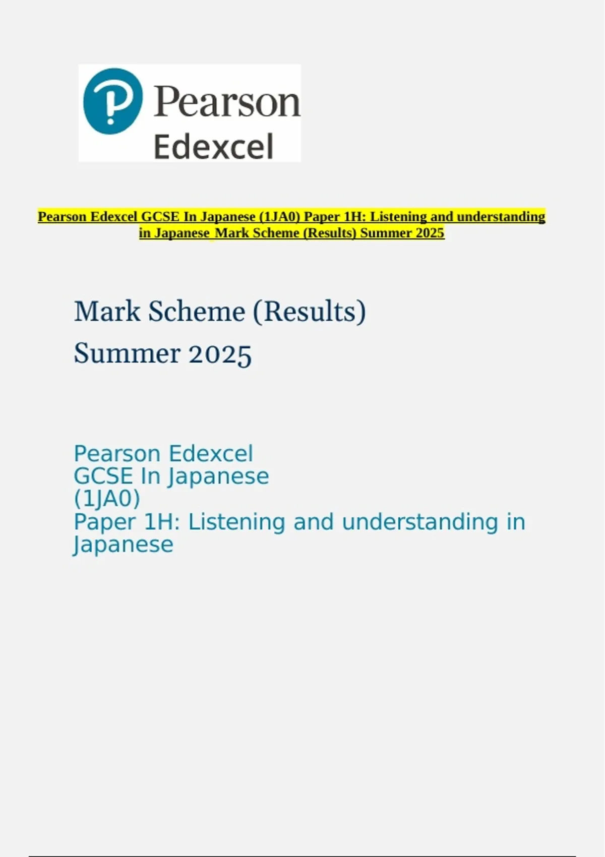 Pearson Edexcel GCSE In Japanese (1JA0) Paper 1H: Listening and ...