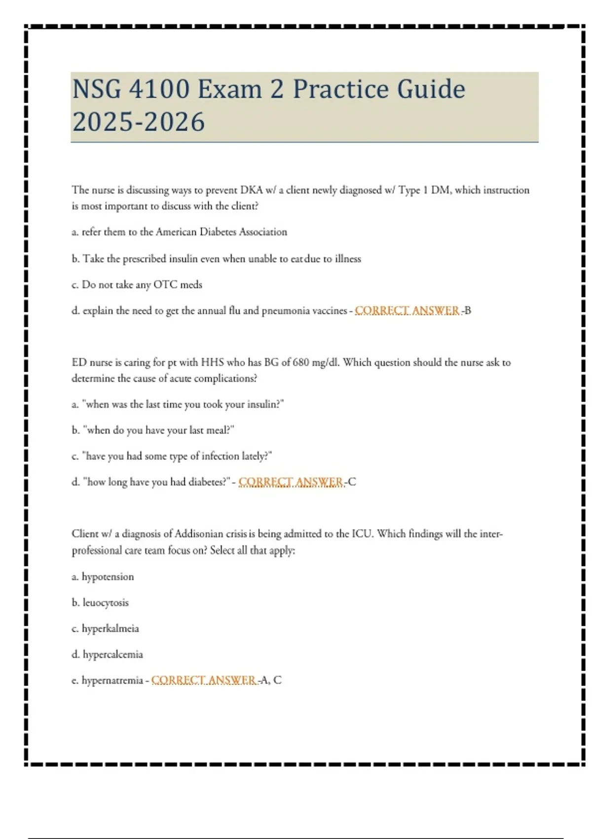 NSG 4100 Exam 2 Practice Guide - NSG 4100 Adult Health III - Stuvia US
