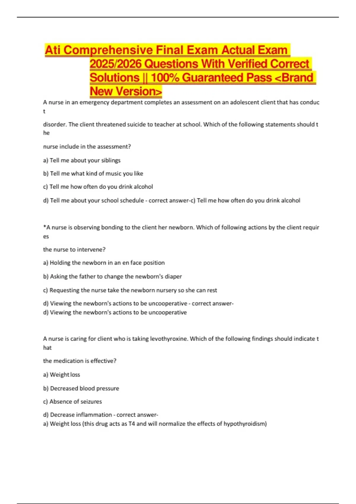 ATI COMPREHENSIVE FINAL EXAM actual exam 2025/2026 questions with ...