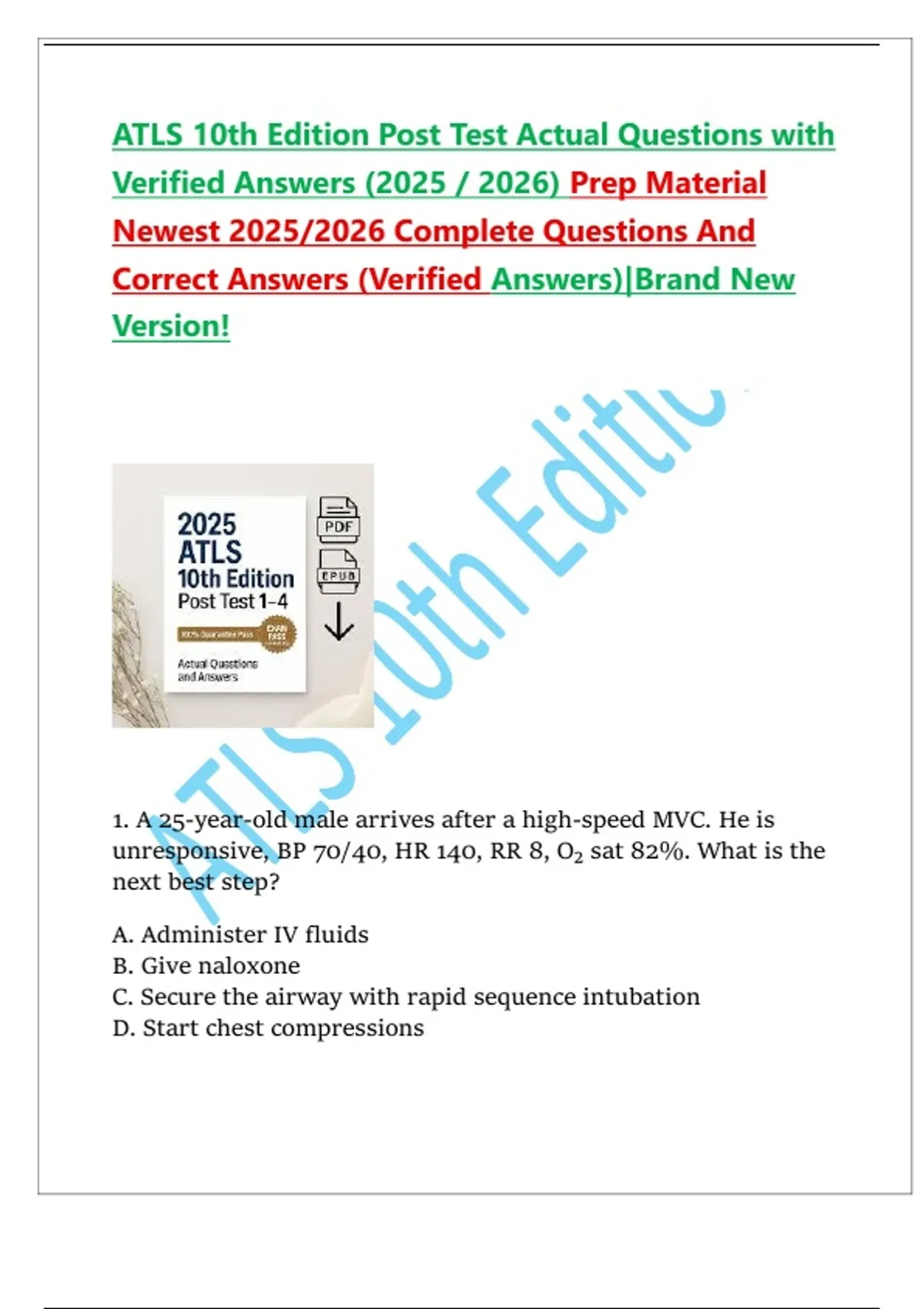 ATLS 10th Edition Post Test Actual Questions with Verified Answers ...
