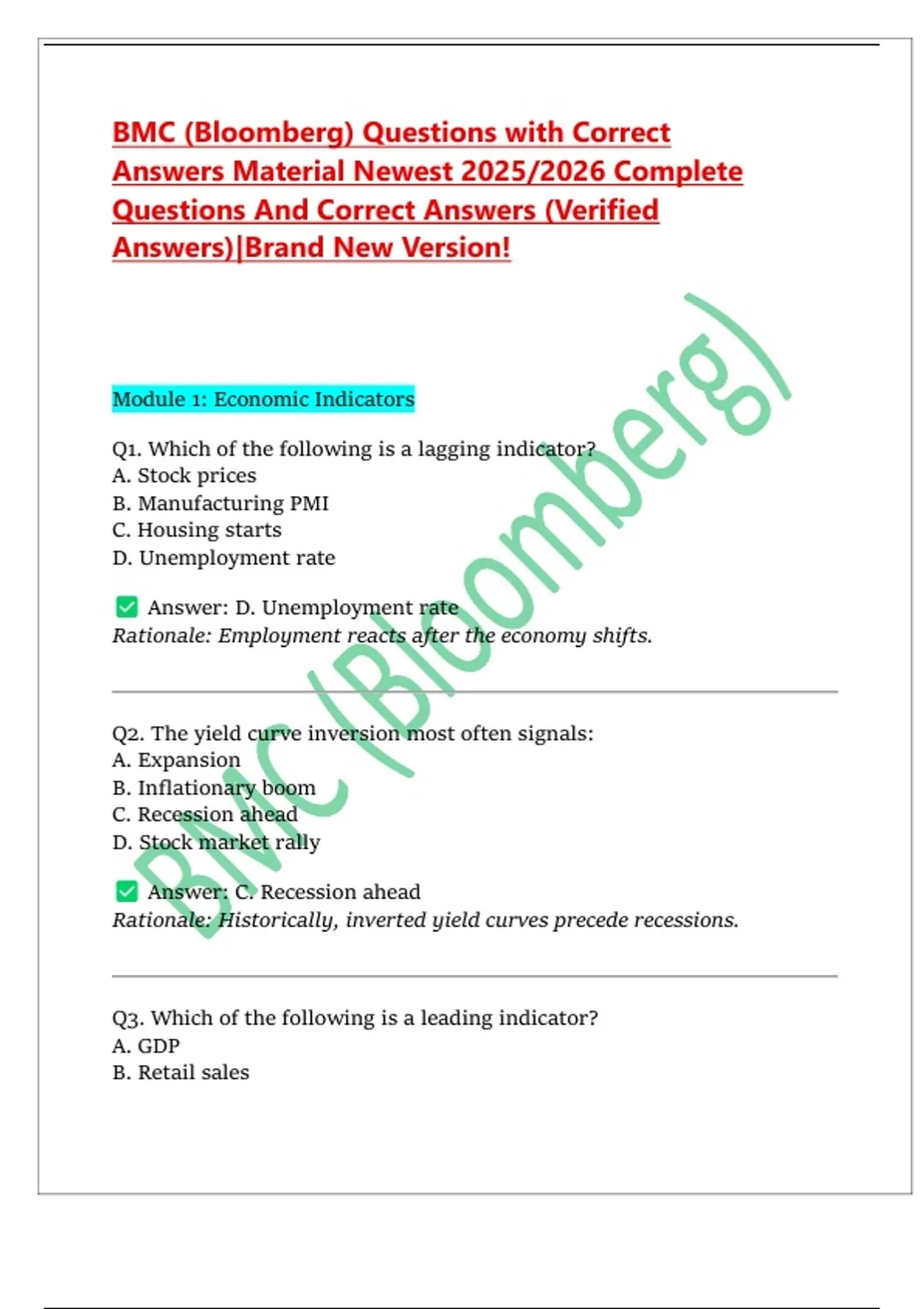 BMC (Bloomberg) Questions with Correct Answers Material Newest 2025/ ...