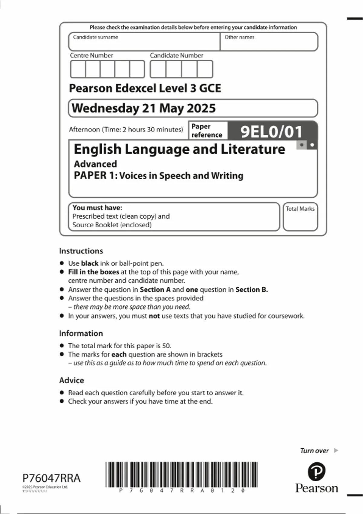 2025 Pearson Edexcel A Level English Language and Literature Paper 1 ...
