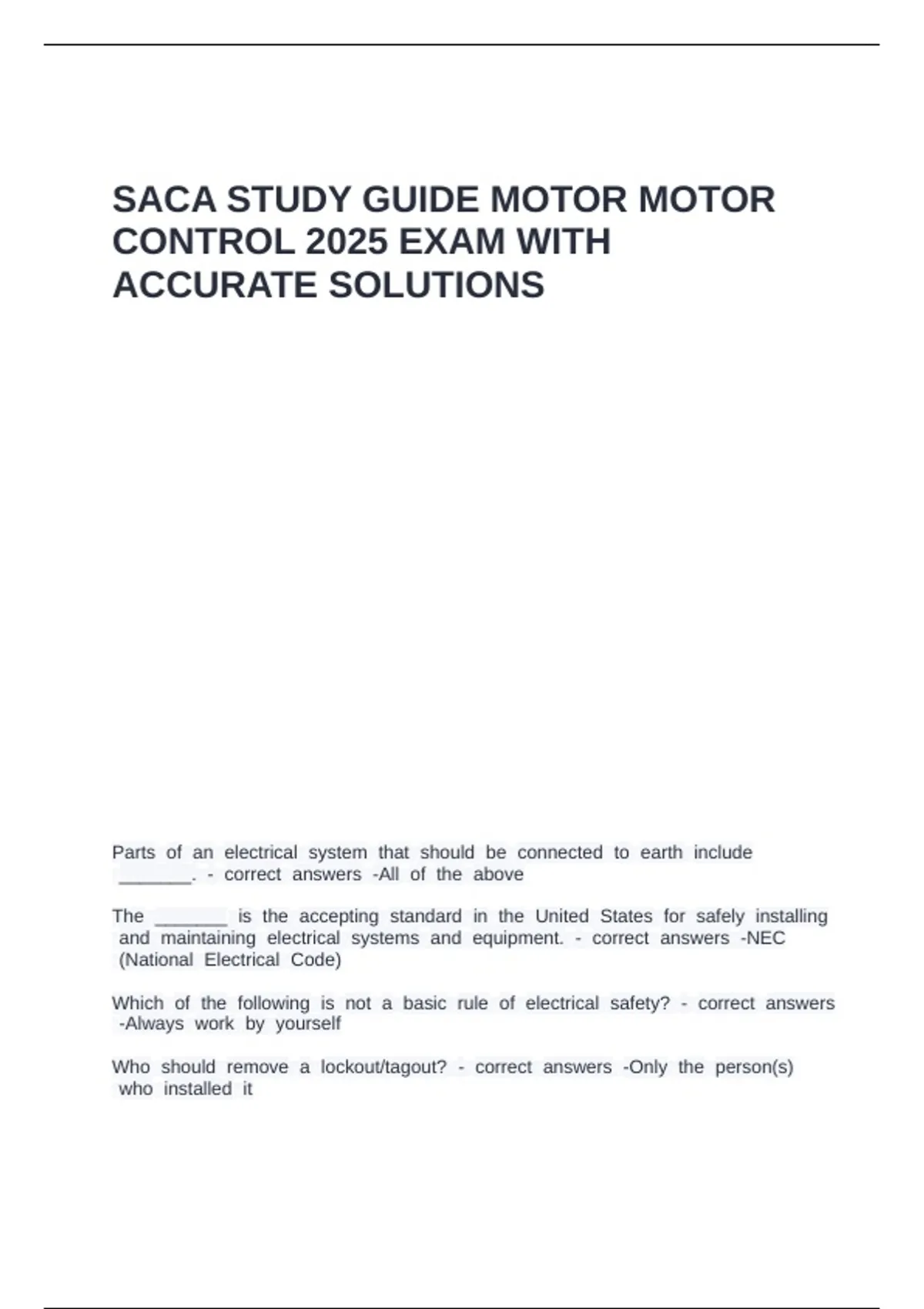 SACA STUDY GUIDE MOTOR MOTOR CONTROL 2025 EXAM WITH ACCURATE SOLUTIONS ...