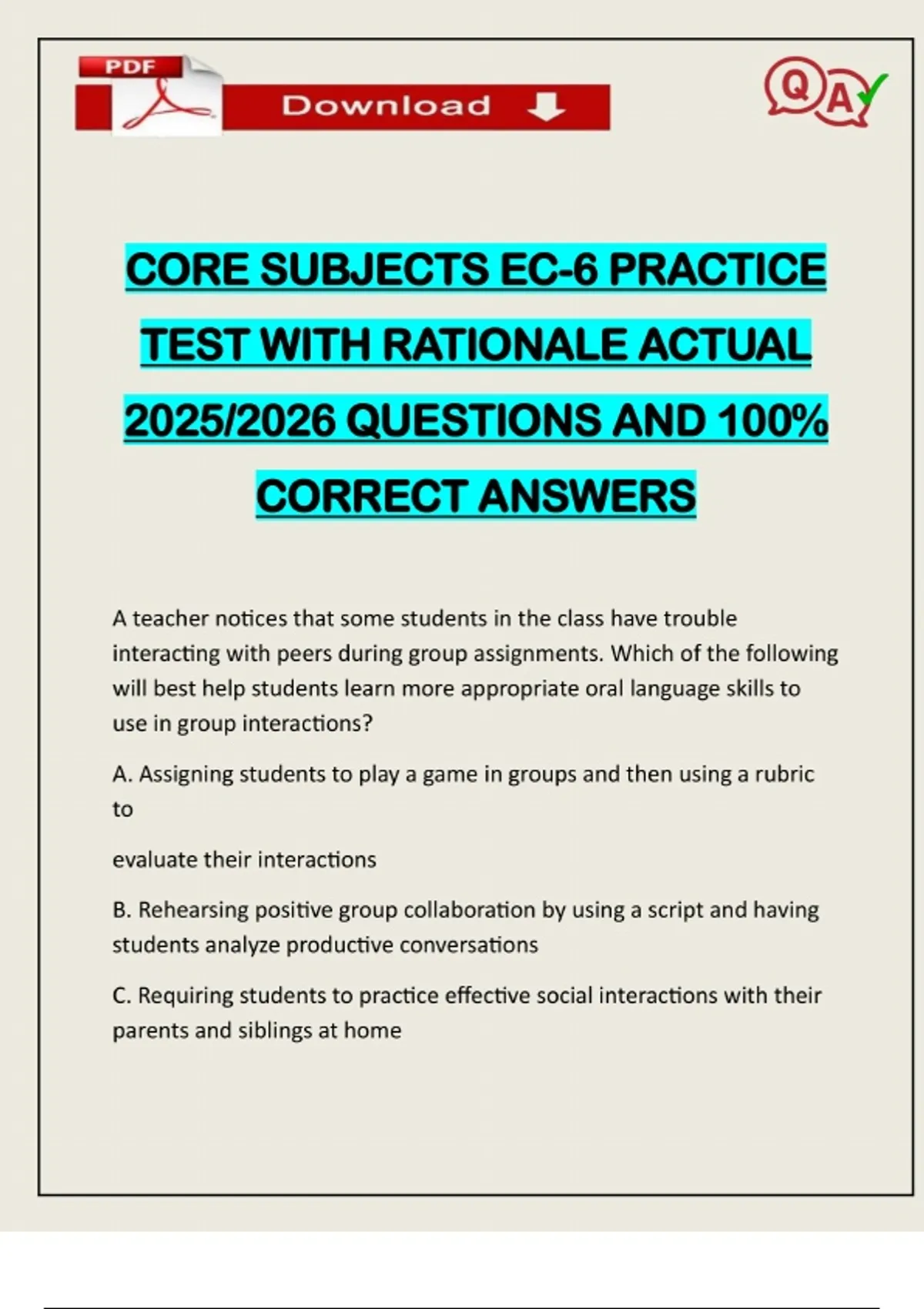 CORE SUBJECTS EC-6 PRACTICE TEST WITH RATIONALE ACTUAL 2025/2026 ...