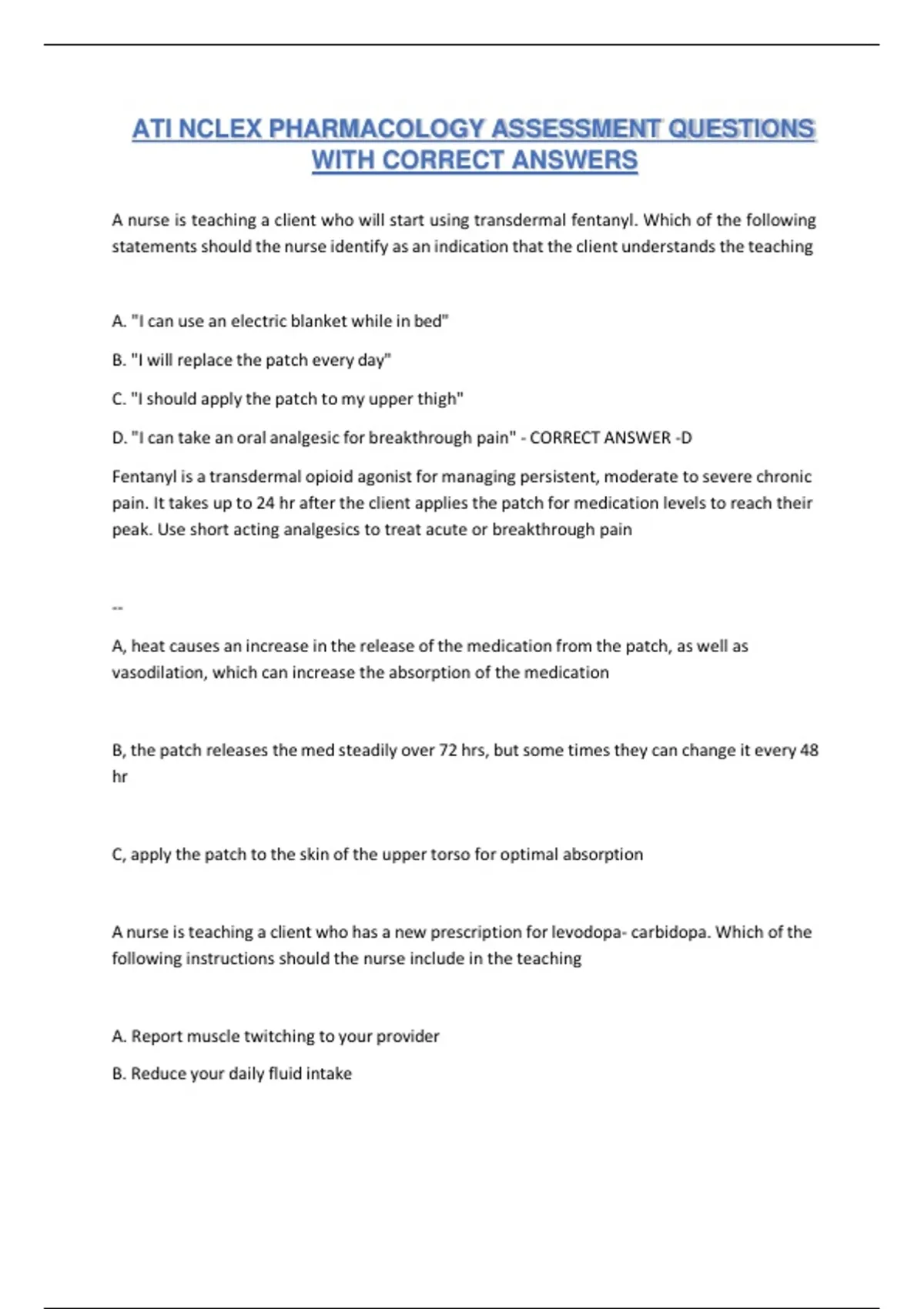 ATI NCLEX PHARMACOLOGY ASSESSMENT QUESTIONS WITH CORRECT ANSWERS - ATI ...