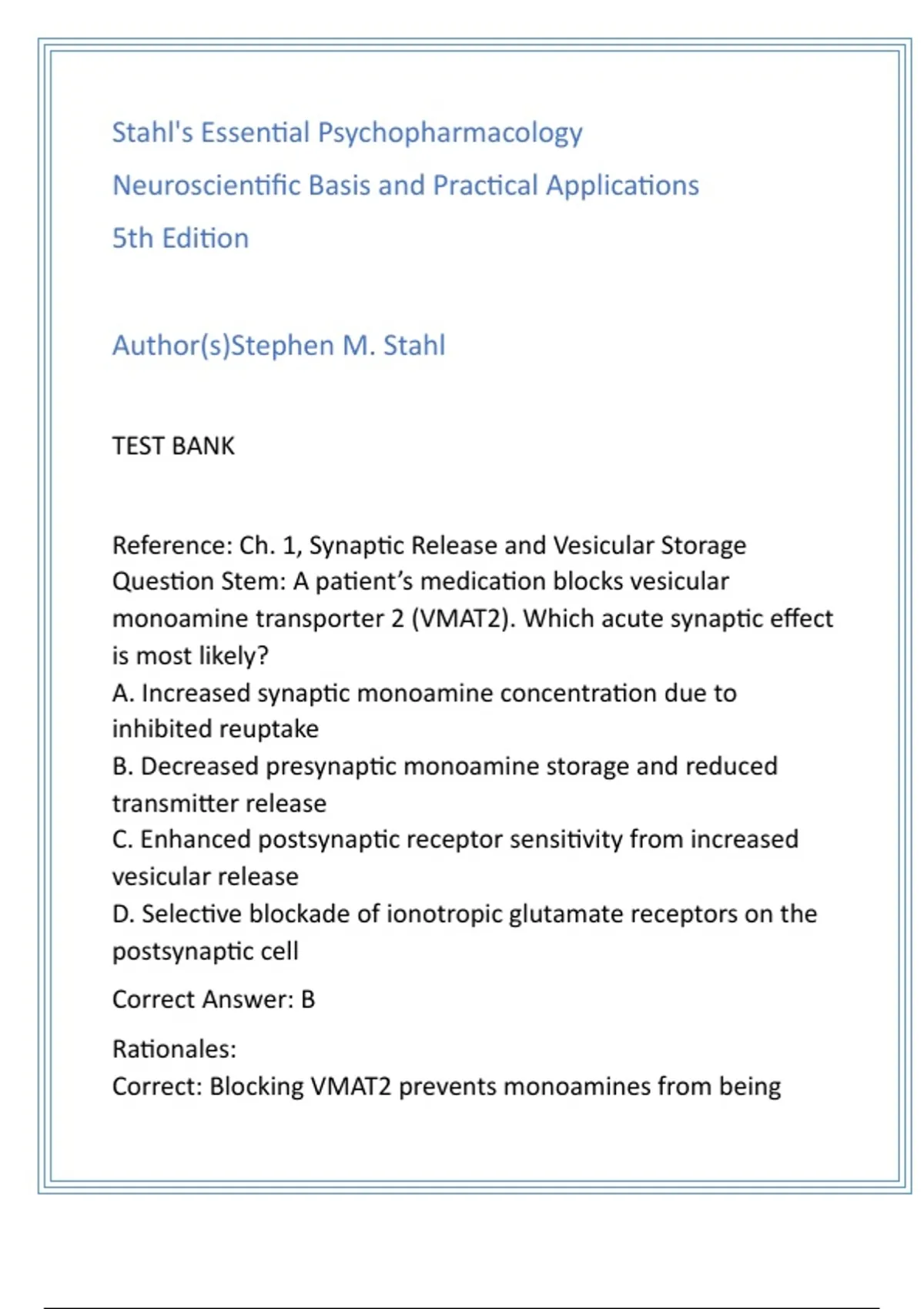 Stahl’s Essential Psychopharmacology 5th Ed — Complete Test Bank | 20 ...