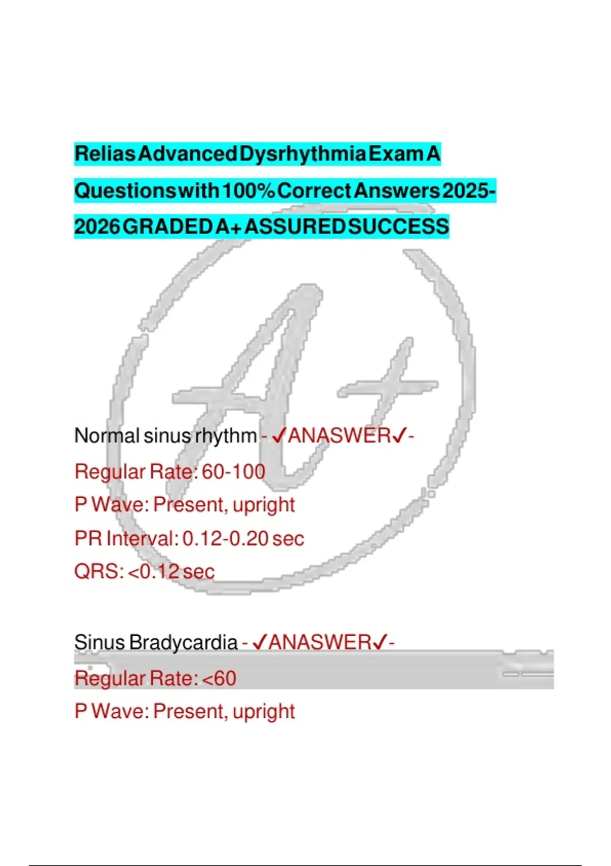 Relias Advanced Dysrhythmia Exam A Questions with 100% Correct Answers ...