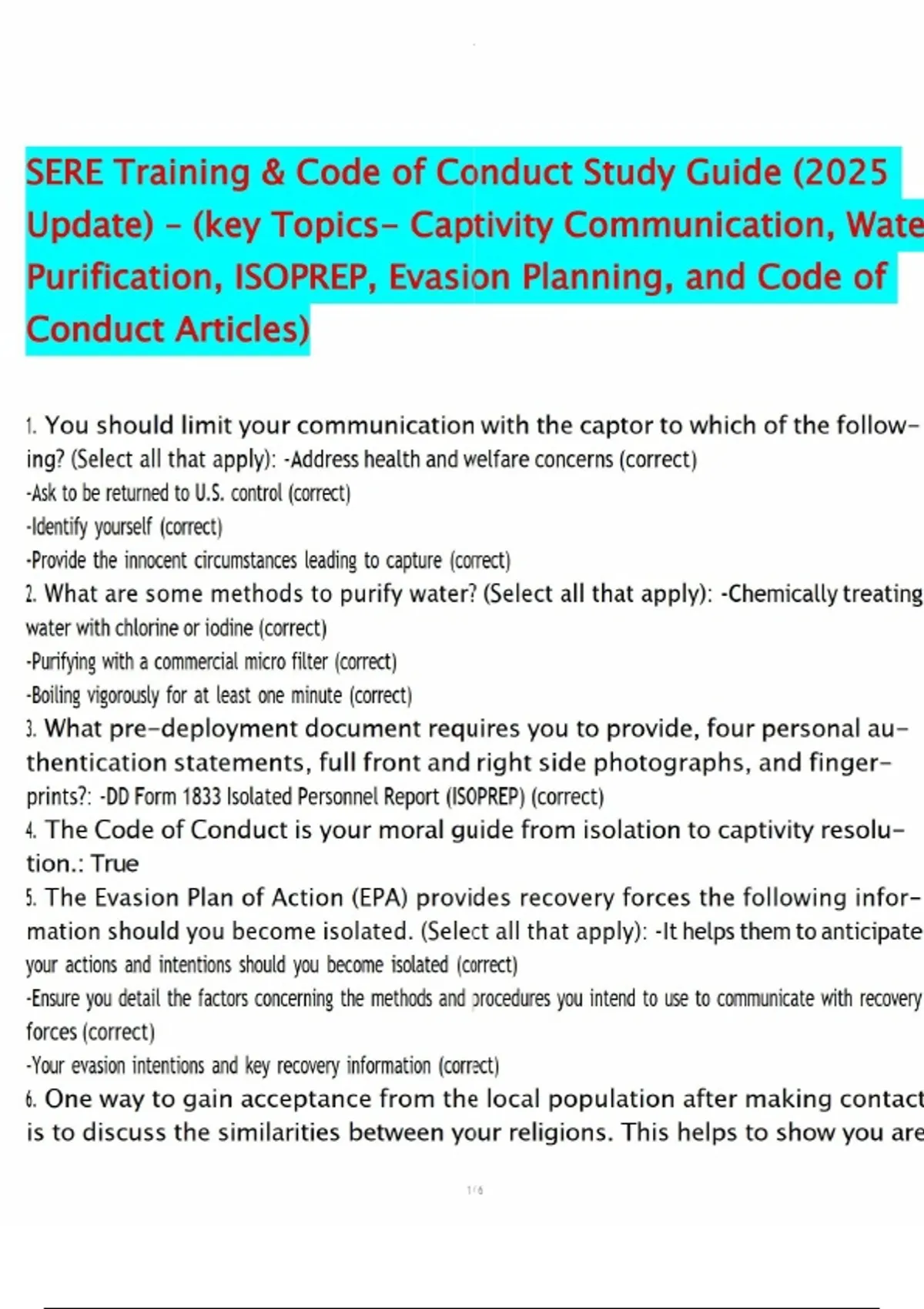 SERE Training & Code of Conduct Study Guide (2025 Update) – (key Topics ...