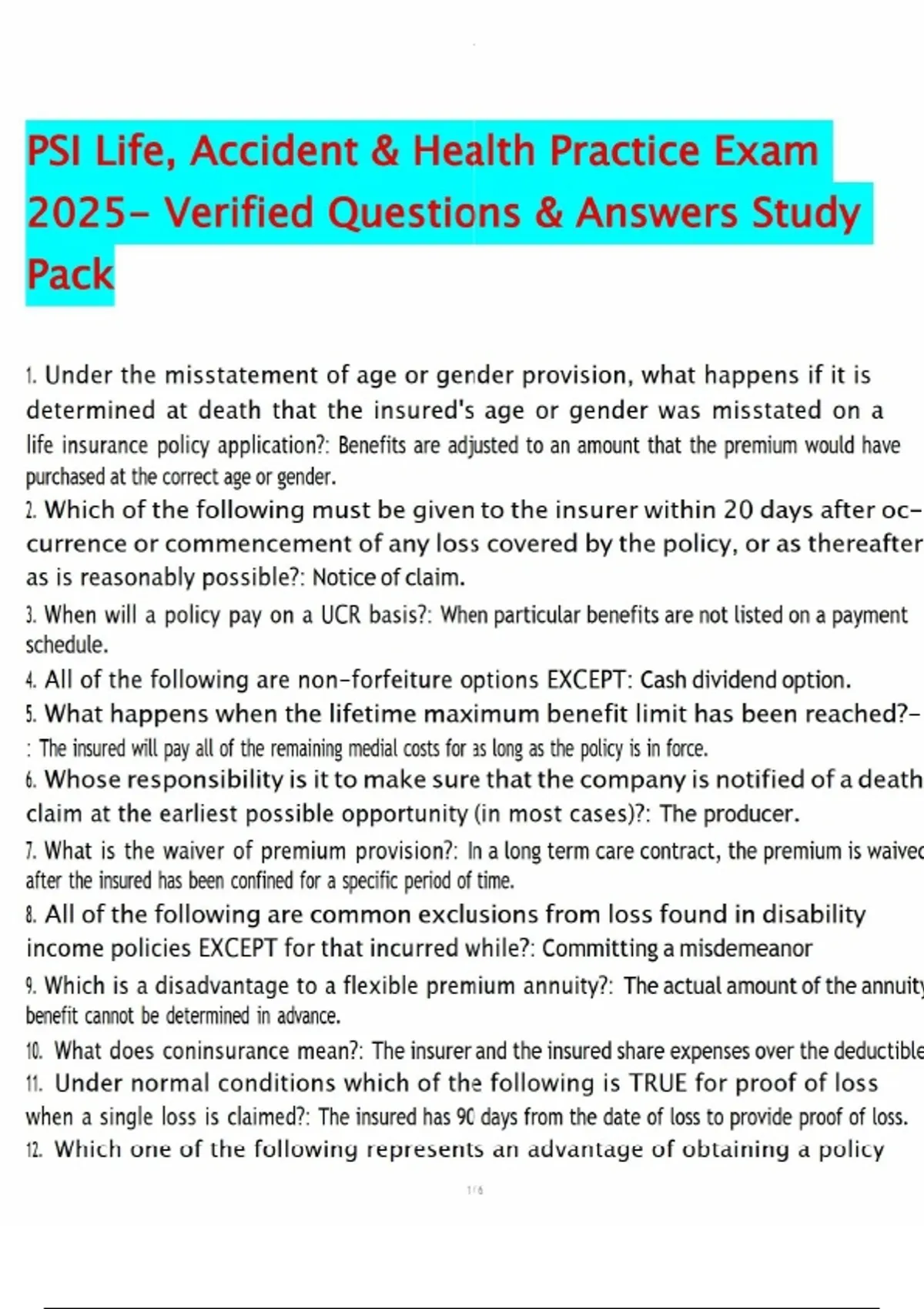 PSI Life, Accident & Health Practice Exam 2025- Verified Questions ...
