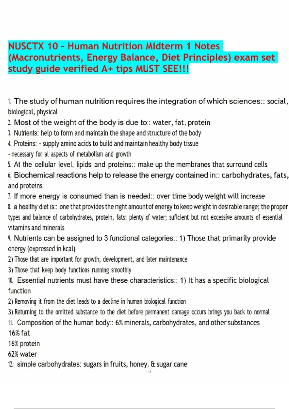 NUSCTX 10 – Human Nutrition Midterm 1 Notes (Macronutrients, Energy ...
