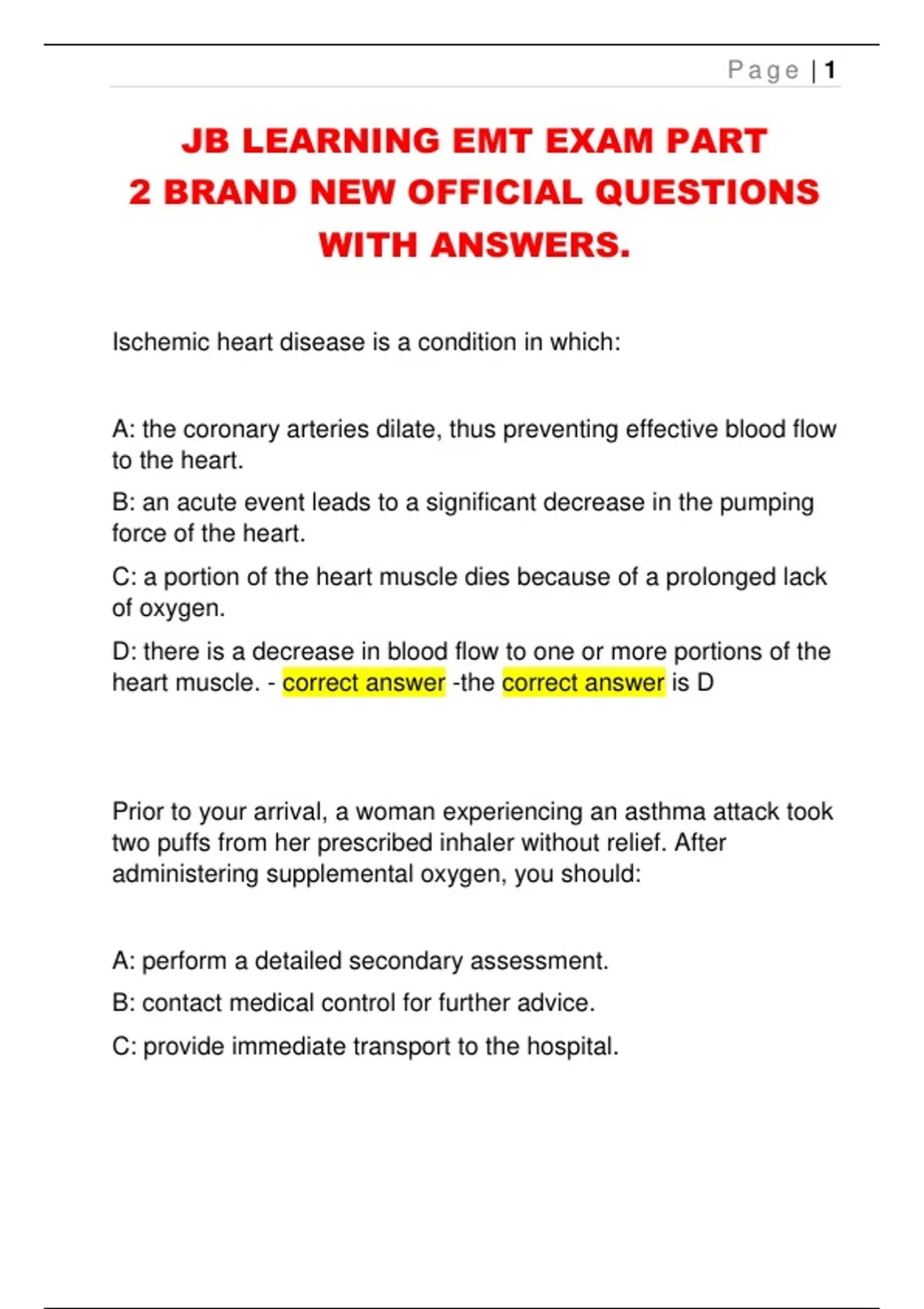 JB LEARNING EMT EXAM PART 2 BRAND NEW OFFICIAL QUESTIONS WITH ANSWERS ...