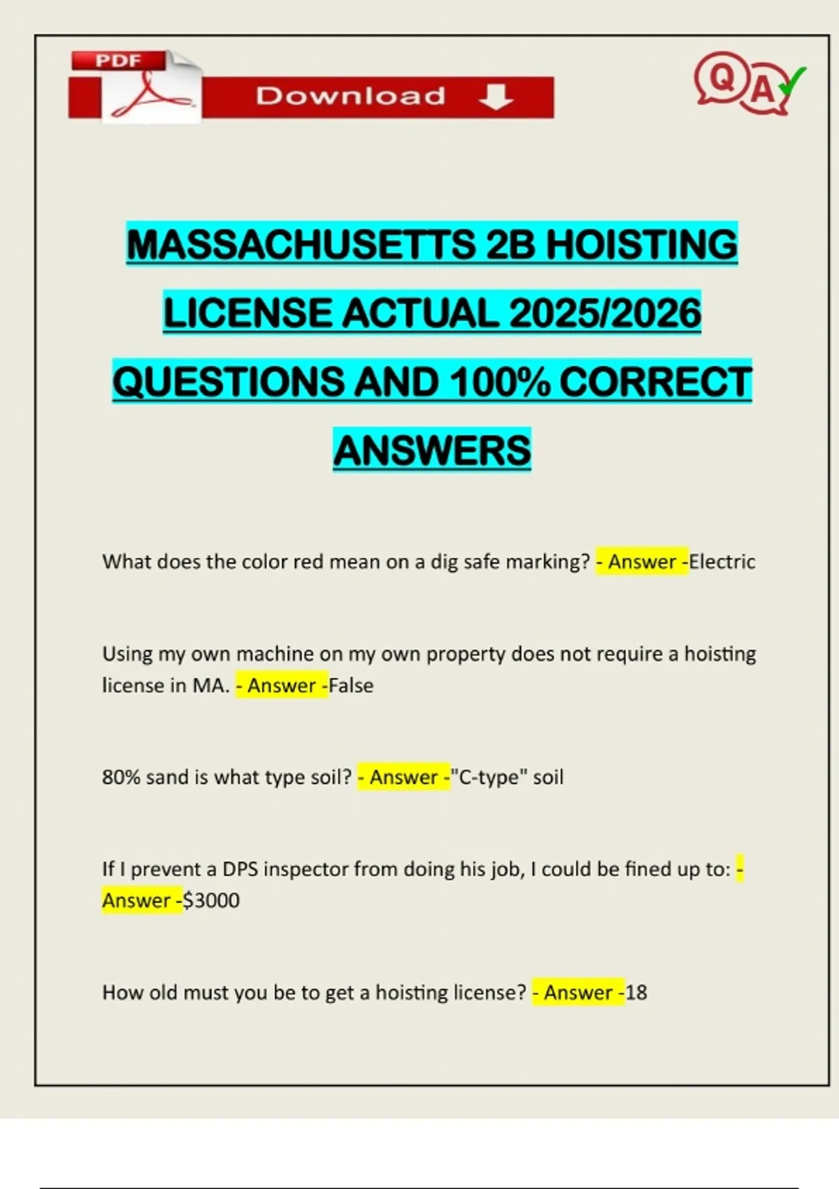 MASSACHUSETTS 2B HOISTING LICENSE ACTUAL 2025/2026 QUESTIONS AND 100% ...