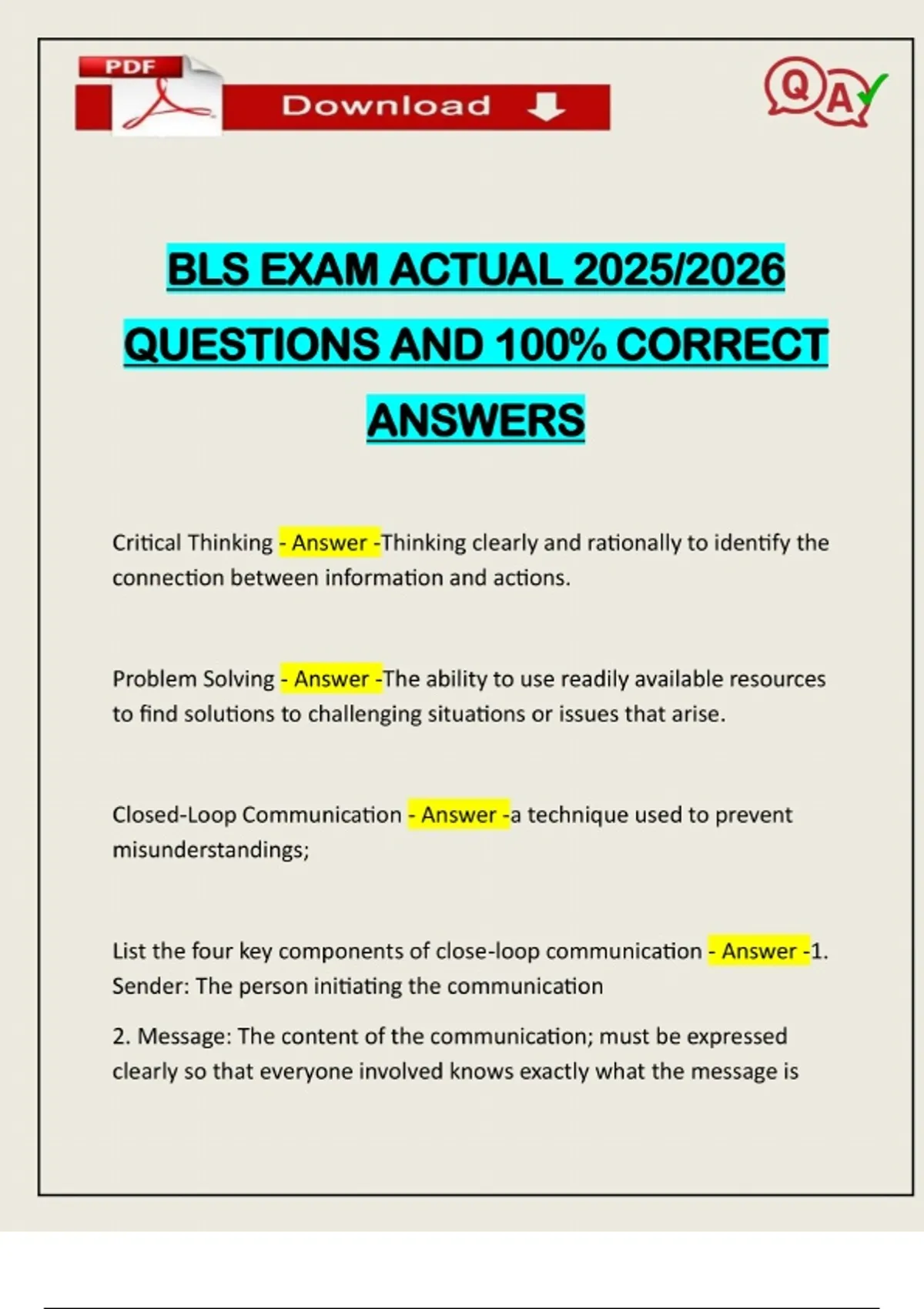 BLS EXAM ACTUAL 2025/2026 QUESTIONS AND 100% CORRECT ANSWERS - Bls ...