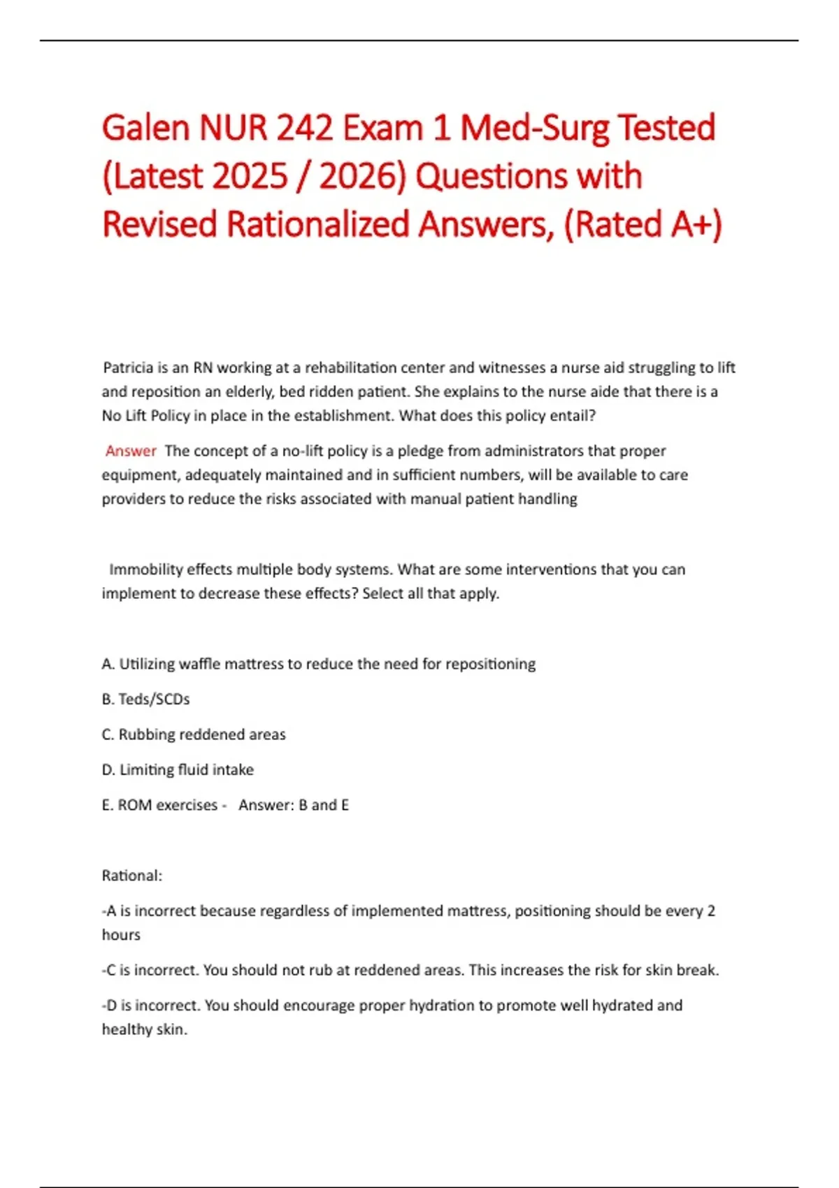 Galen NUR 242 Exam 1 Med-Surg Study Guide with Answers 2025/2026 - NUR ...