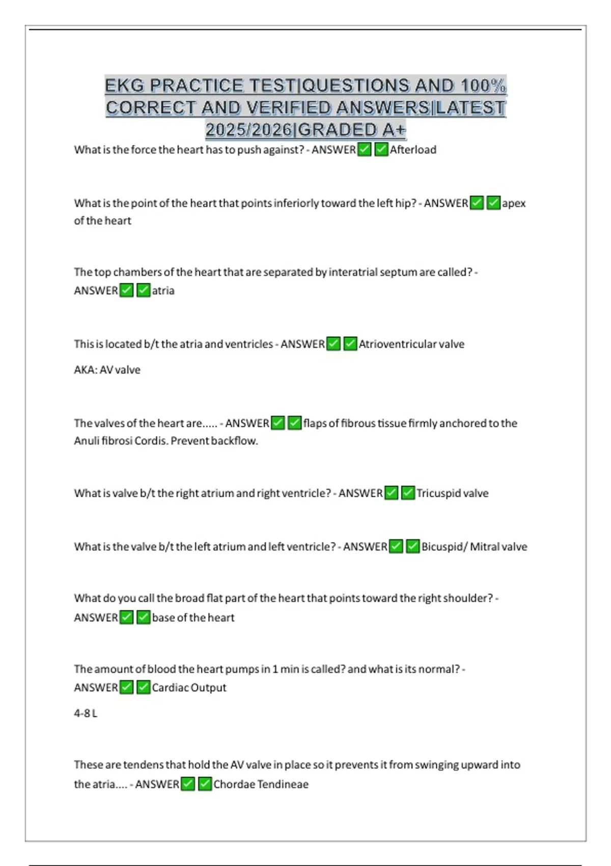 EKG PRACTICE TEST|QUESTIONS AND 100% CORRECT AND VERIFIED ANSWERS ...