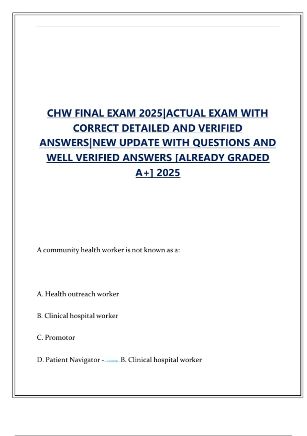 CHW Final Exam 2025 | Actual Exam with Correct Verified Answers ...