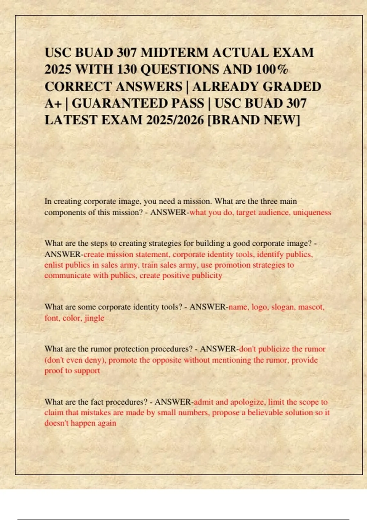 USC BUAD 307 MIDTERM ACTUAL EXAM 2025 WITH 130 QUESTIONS AND 100% ...