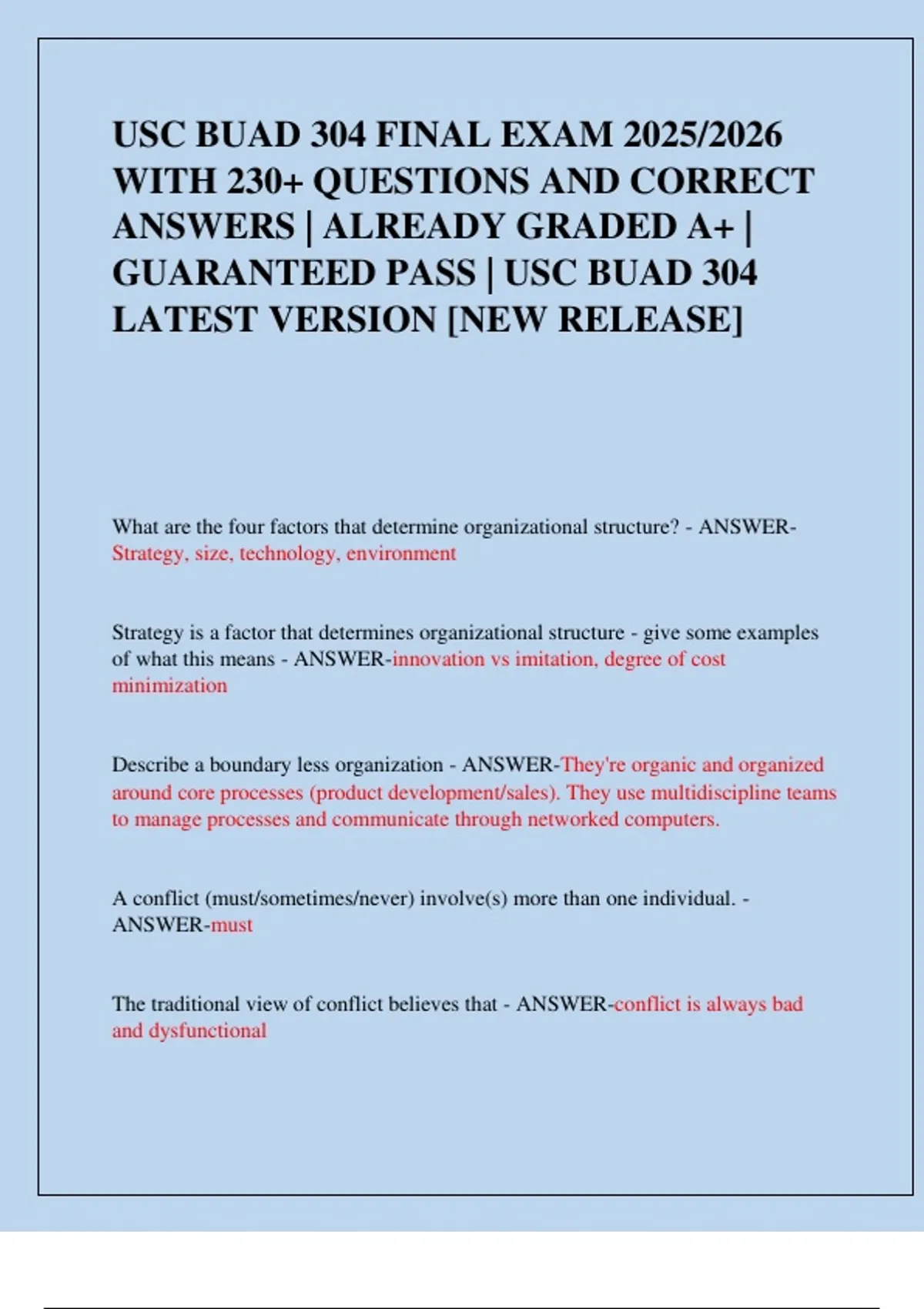 USC BUAD 304 FINAL EXAM 2025/2026 WITH 230+ QUESTIONS AND CORRECT ...