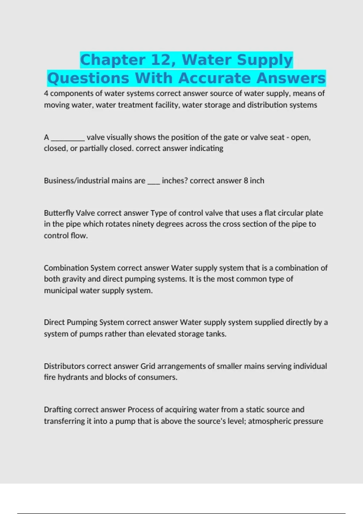 Chapter 12, Water Supply Questions With Accurate Answers - Water ...