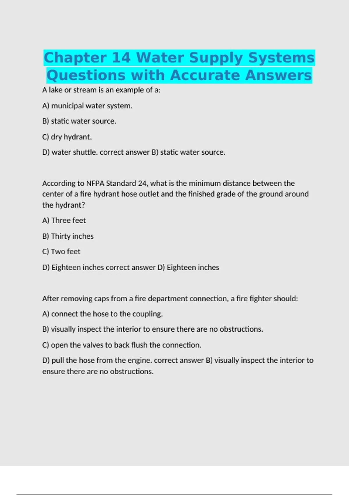 Chapter 14 Water Supply Systems Questions with Accurate Answers - Water ...