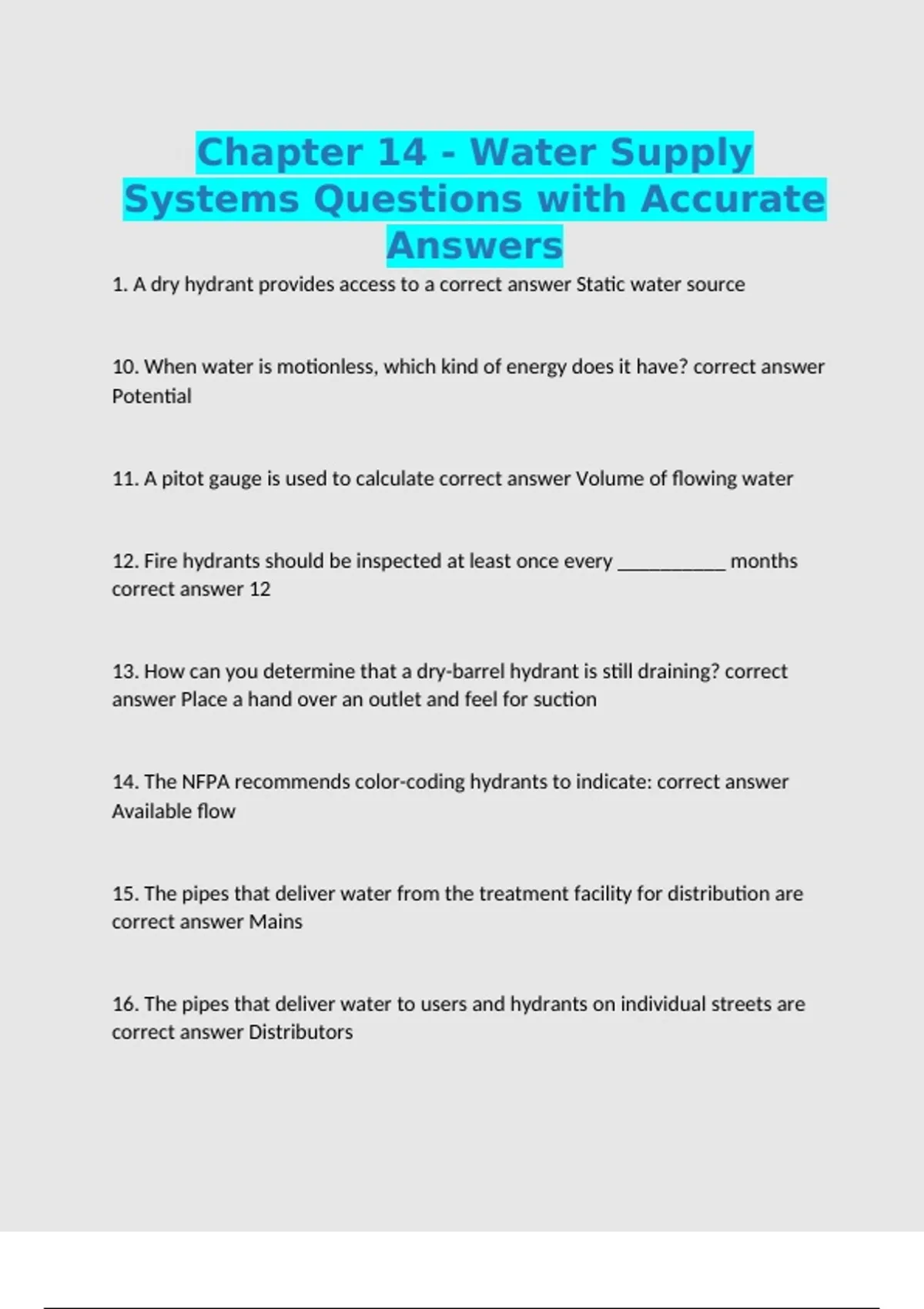 Chapter 14 - Water Supply Systems Questions with Accurate Answers ...