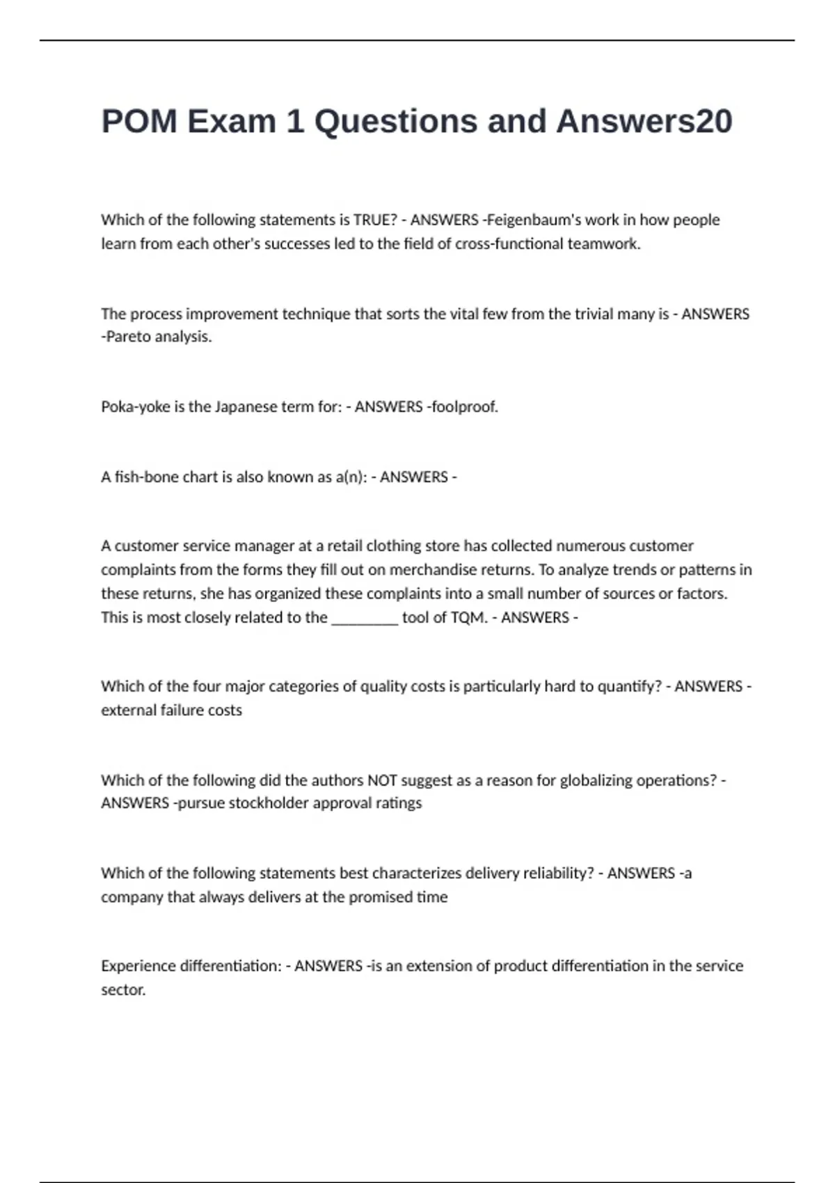 POM Exam 1 Questions and Answers - POM - Stuvia US