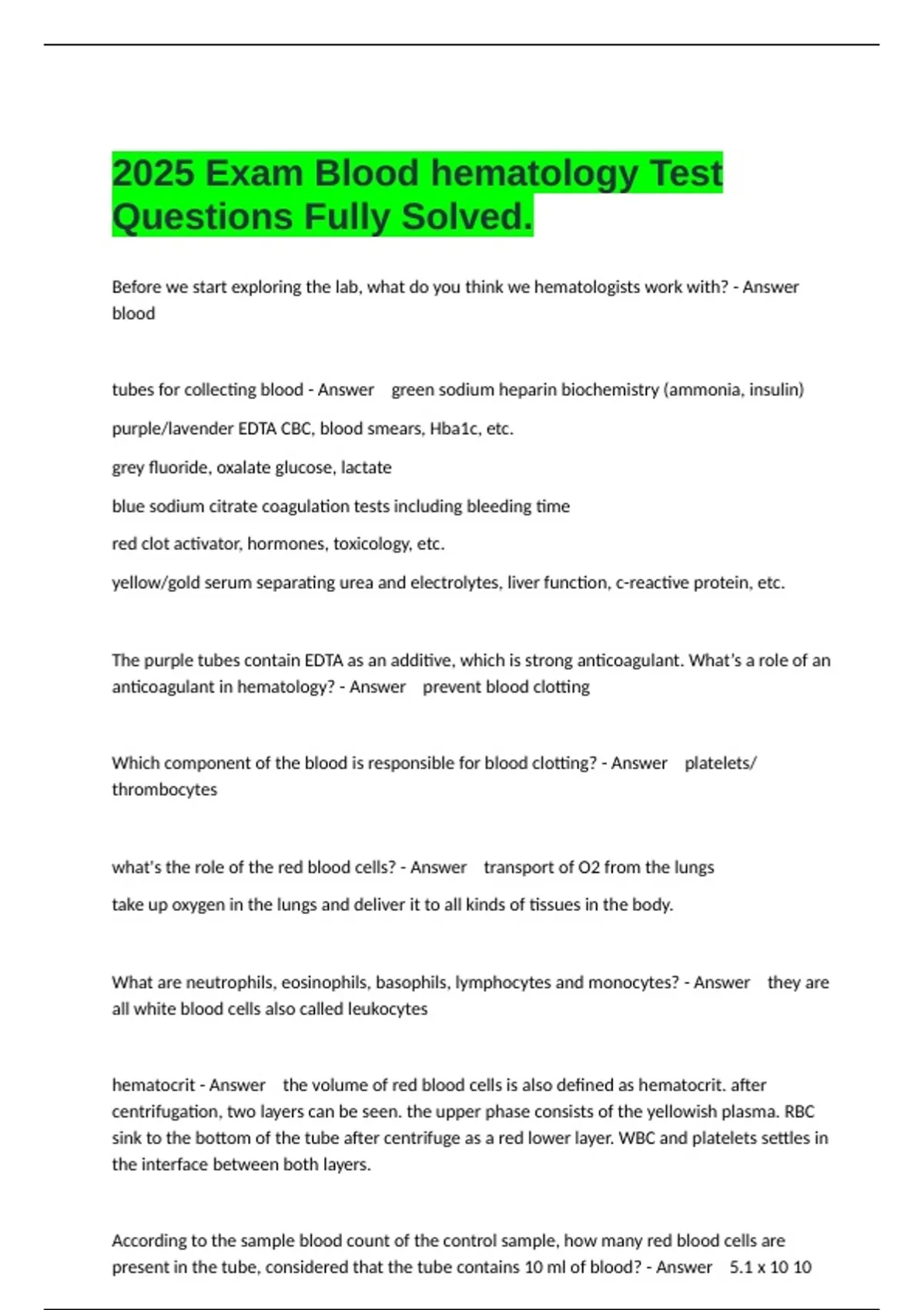 2025 Exam Blood hematology Test Questions Fully Solved. - CMN 573 ...