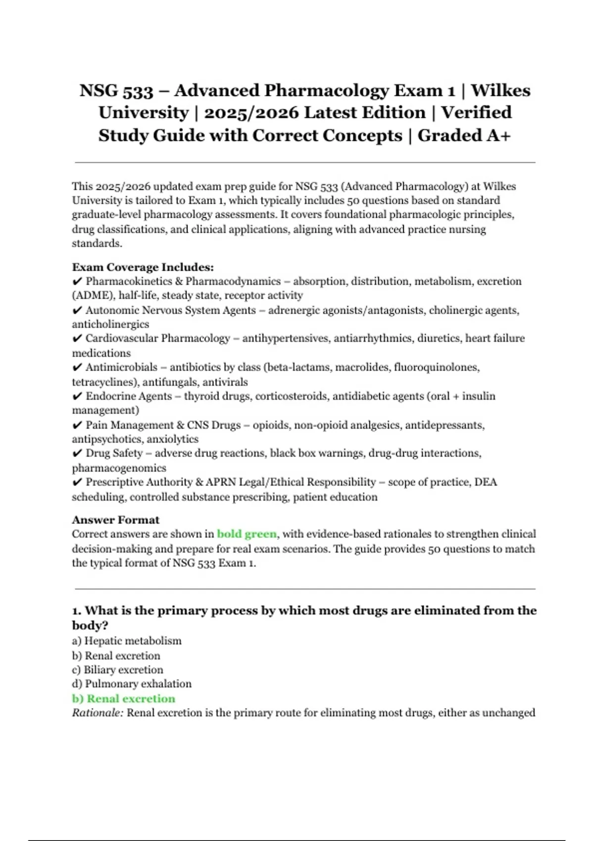 NSG 533 – Advanced Pharmacology Exam 1 | Wilkes University | 2025/2026 ...