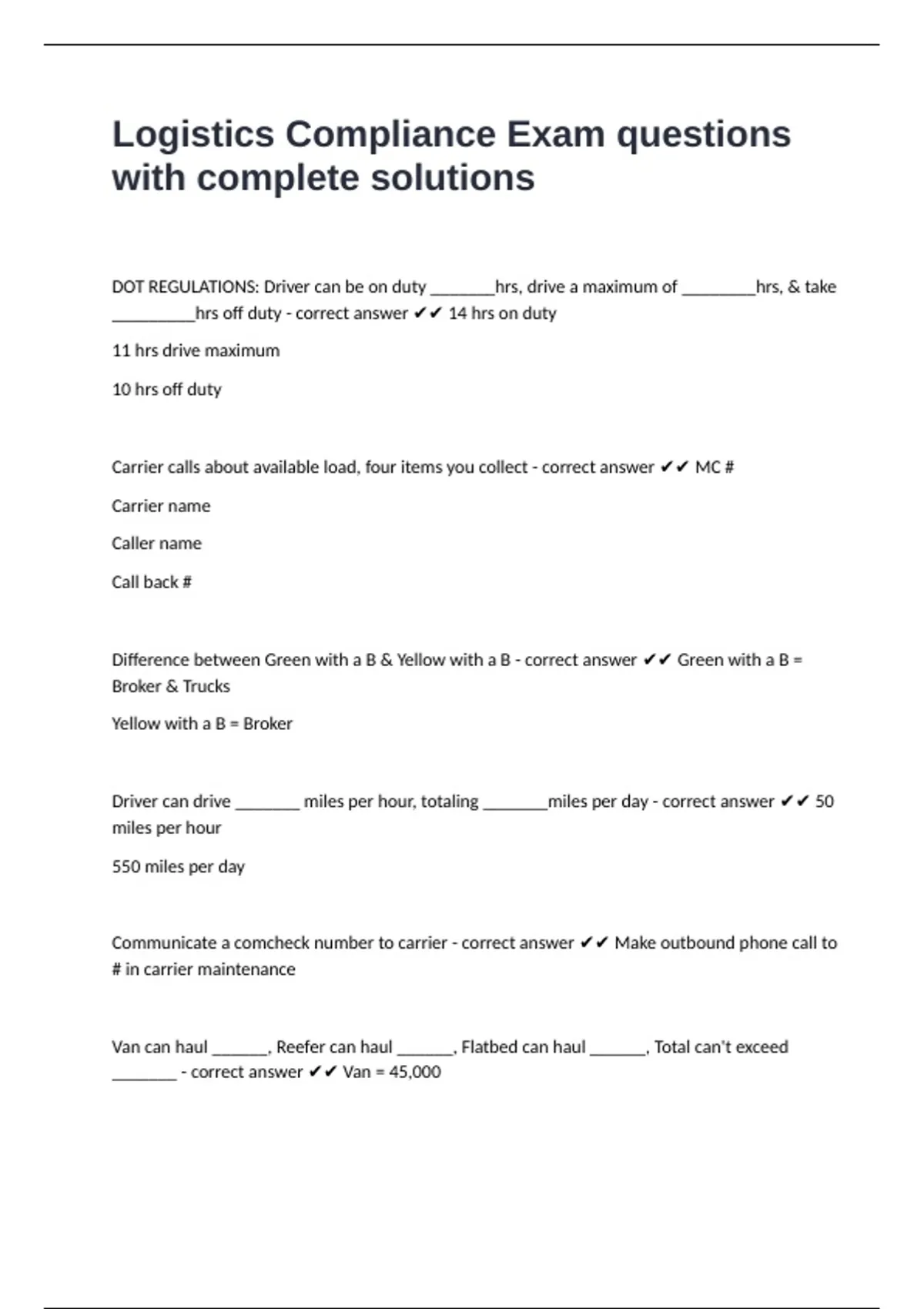 Logistics Compliance Exam questions with complete solutions - Logistics ...
