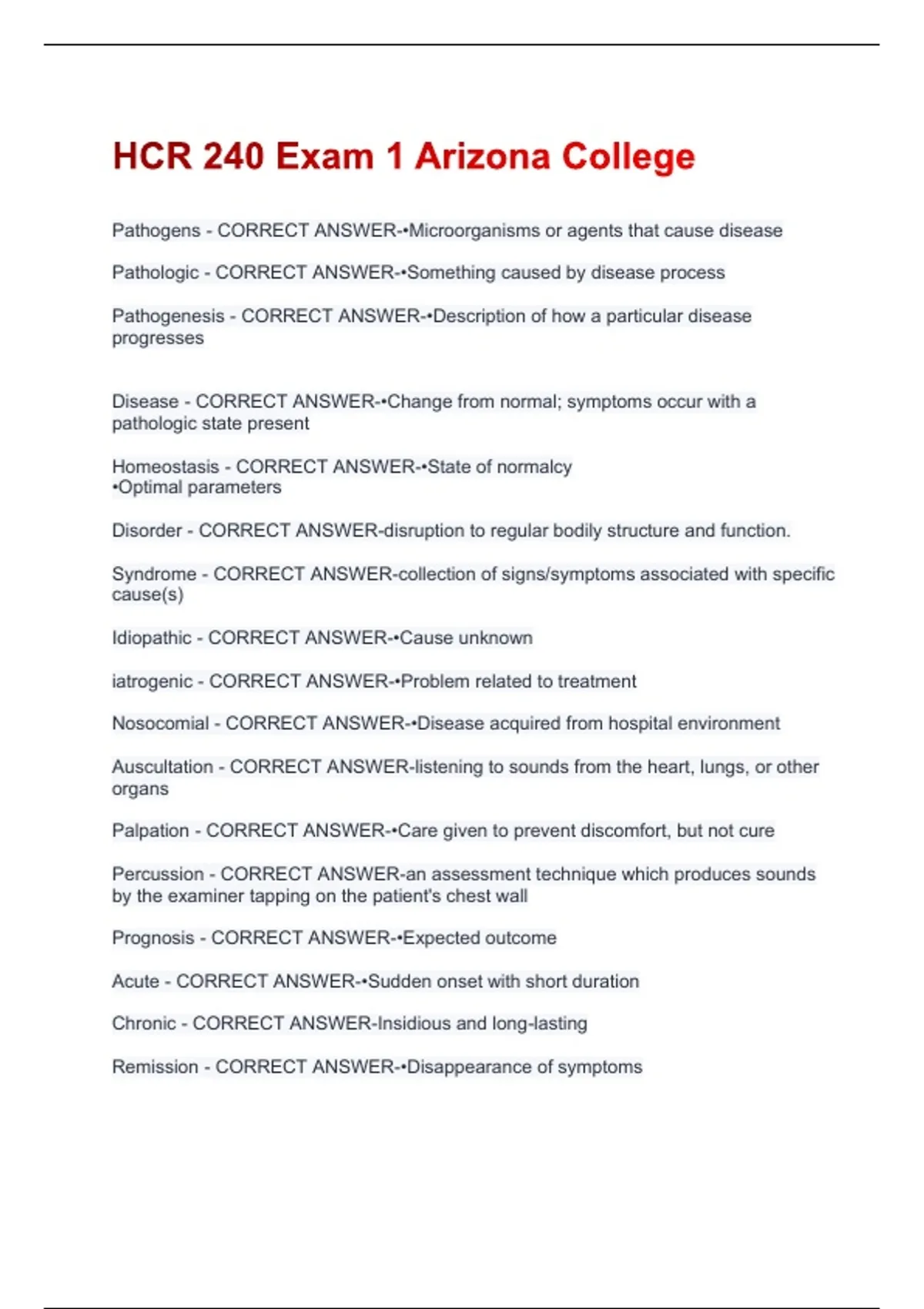 HCR 240 FINAL EXAM PATHO QUESTIONS & ANSWERS VERIFIED 100% CORRECT ...