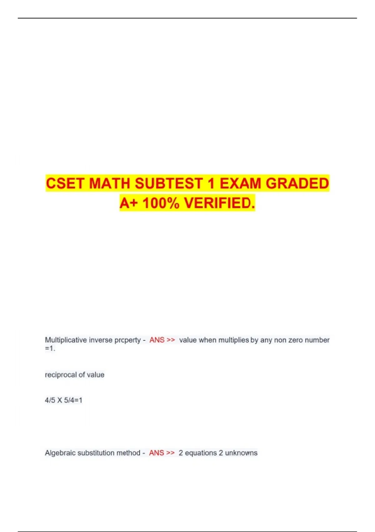 CSET Math Subtest 1 Exam – Questions and Answers Graded A+ (100% ...