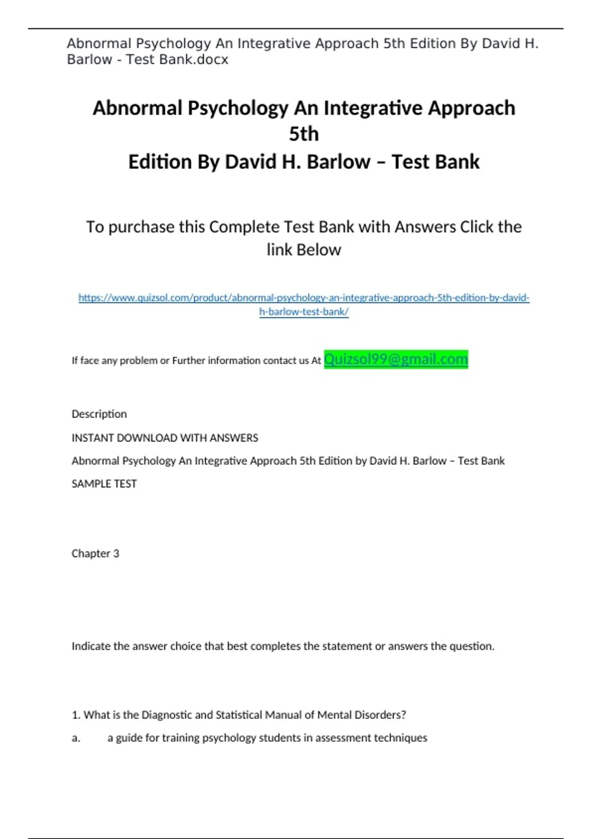 Abnormal Psychology: An Integrative Approach – Test Bank (David H ...