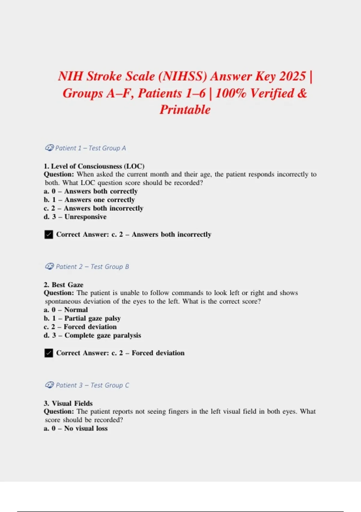 NIH Stroke Scale (NIHSS) Answer Key 2025 – Verified & Printable A+ ...