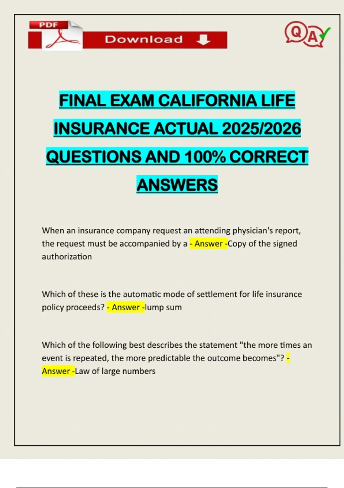 FINAL EXAM CALIFORNIA LIFE INSURANCE ACTUAL 2025/2026 QUESTIONS AND 100 ...