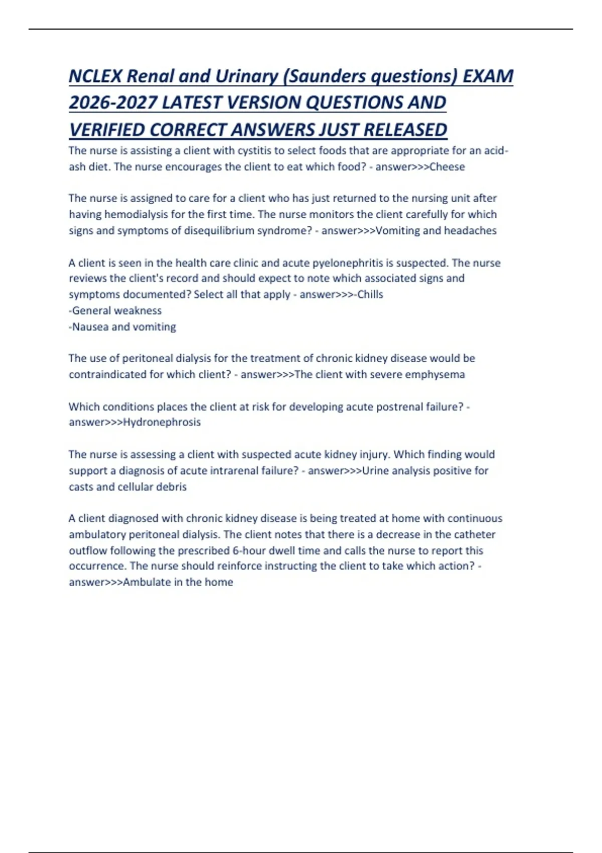 NCLEX Renal and Urinary (Saunders questions) EXAM LATEST VERSION ...